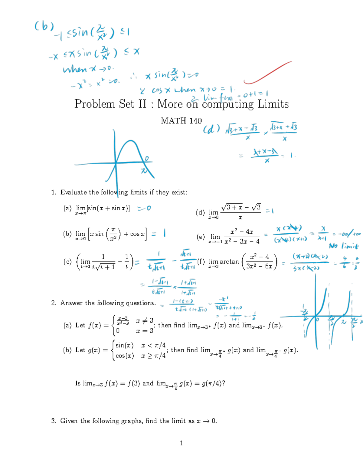 Math 140 Problem Set II: Evaluating Limits and Squeeze Theorem - Studocu