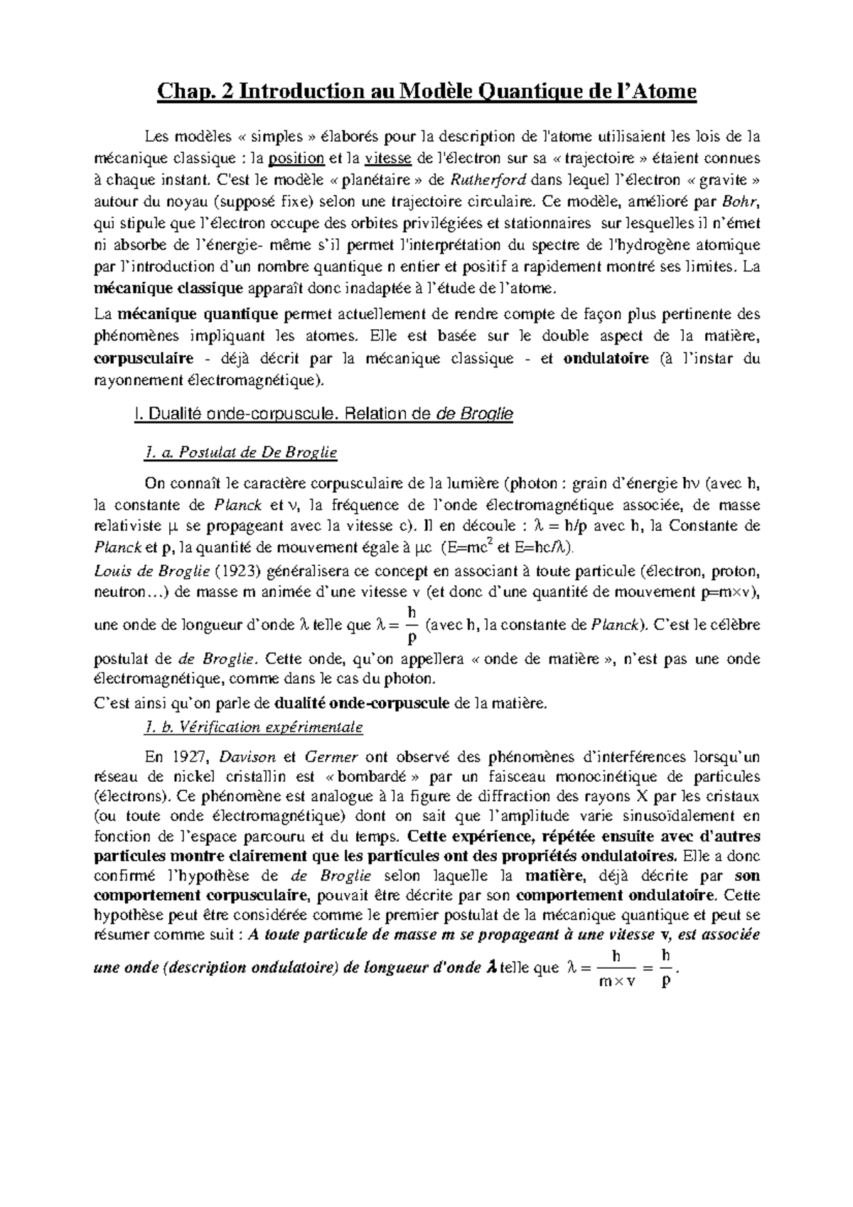 Chap. 2 Introduction au Modèle Quantique de l'Atome et Dualité Onde ...