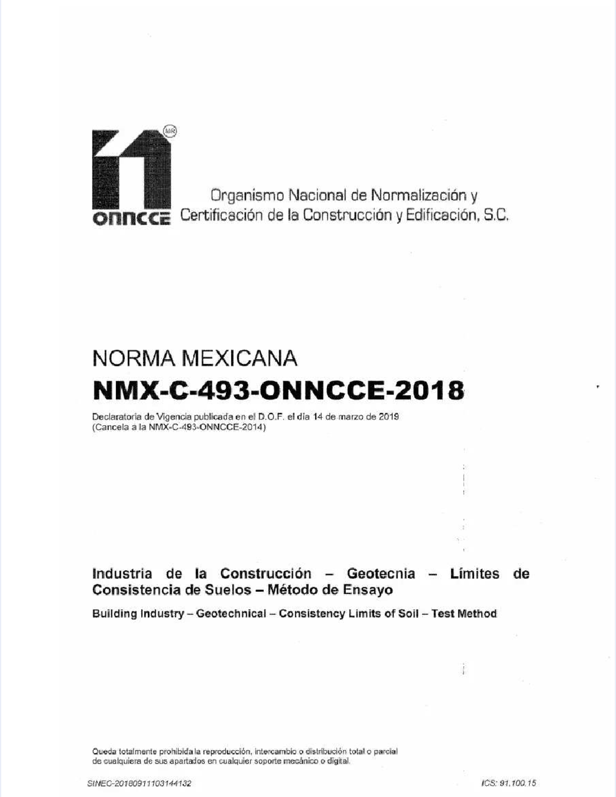 Norma Mexicana NMX-C-493-ONNCCE: Límites de Consistencia de Suelos ...