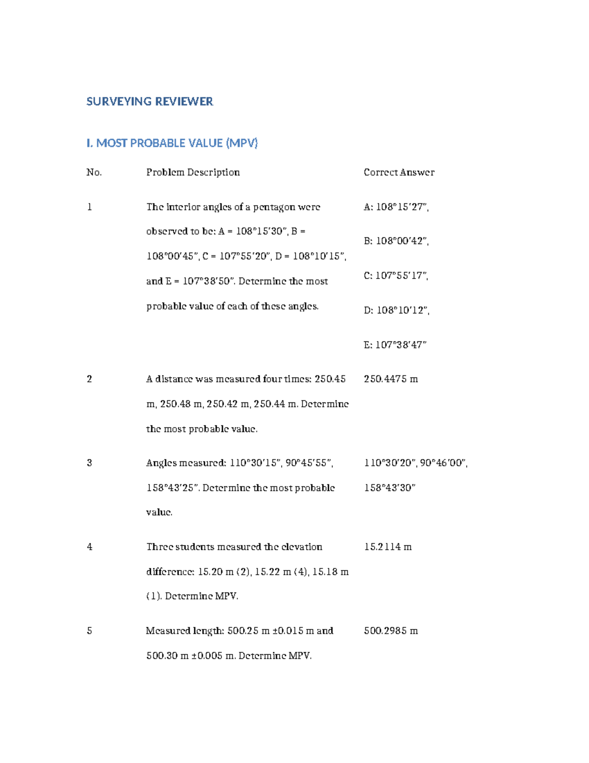 Surveying Reviewer I: Most Probable Value & Measurement Errors - Studocu
