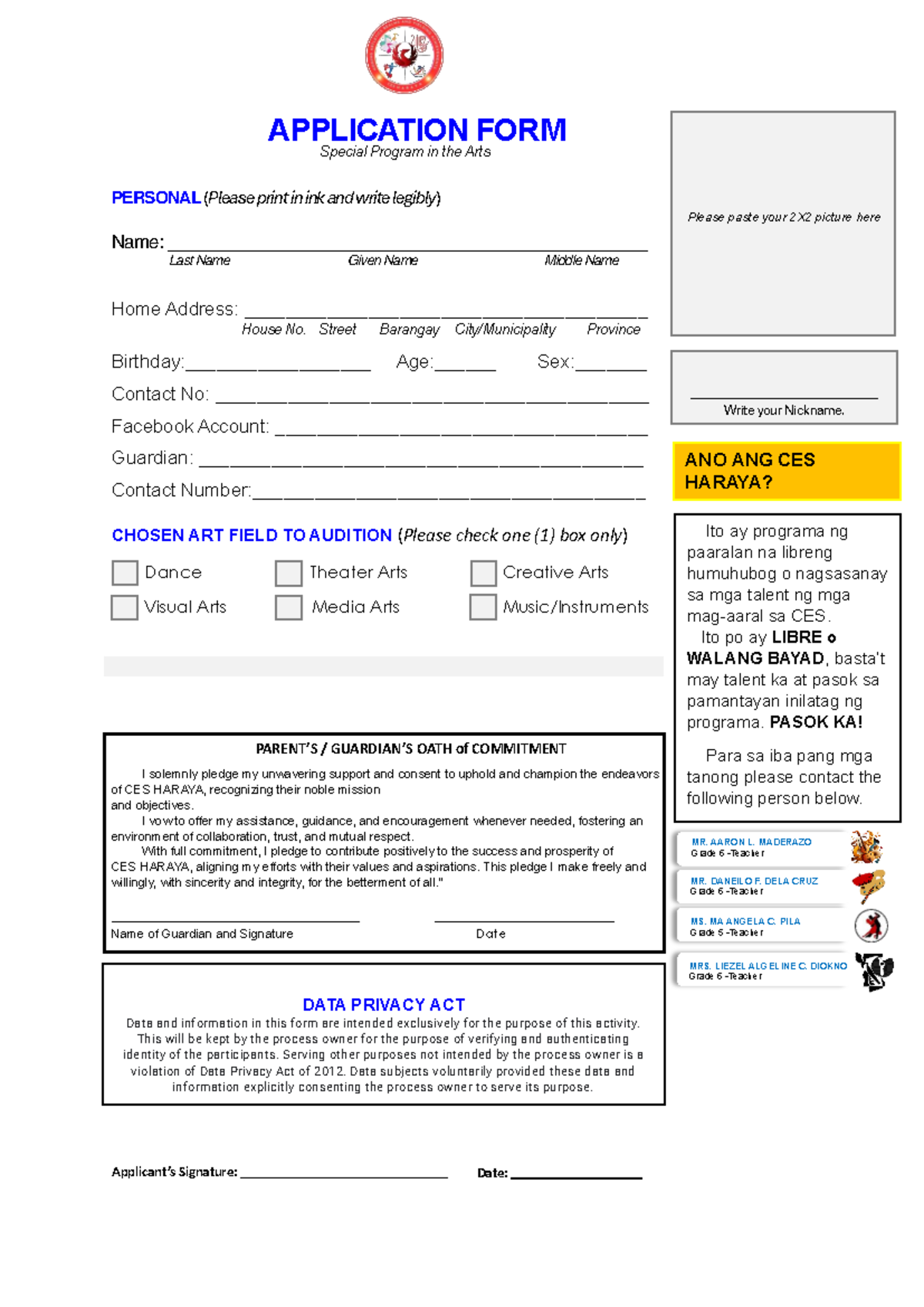 Application FORM-CES Haraya - Special Program in the Arts APPLICATION ...