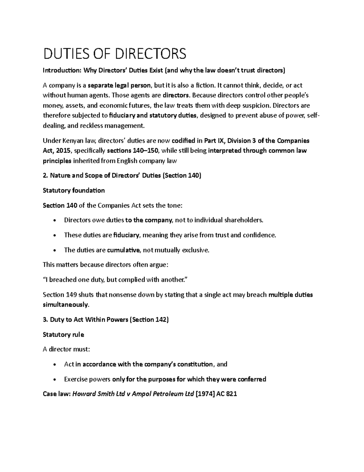 DUTIES OF DIRECTORS AND GENERAL MEETINGS: KENYAN LAW OVERVIEW - Studocu