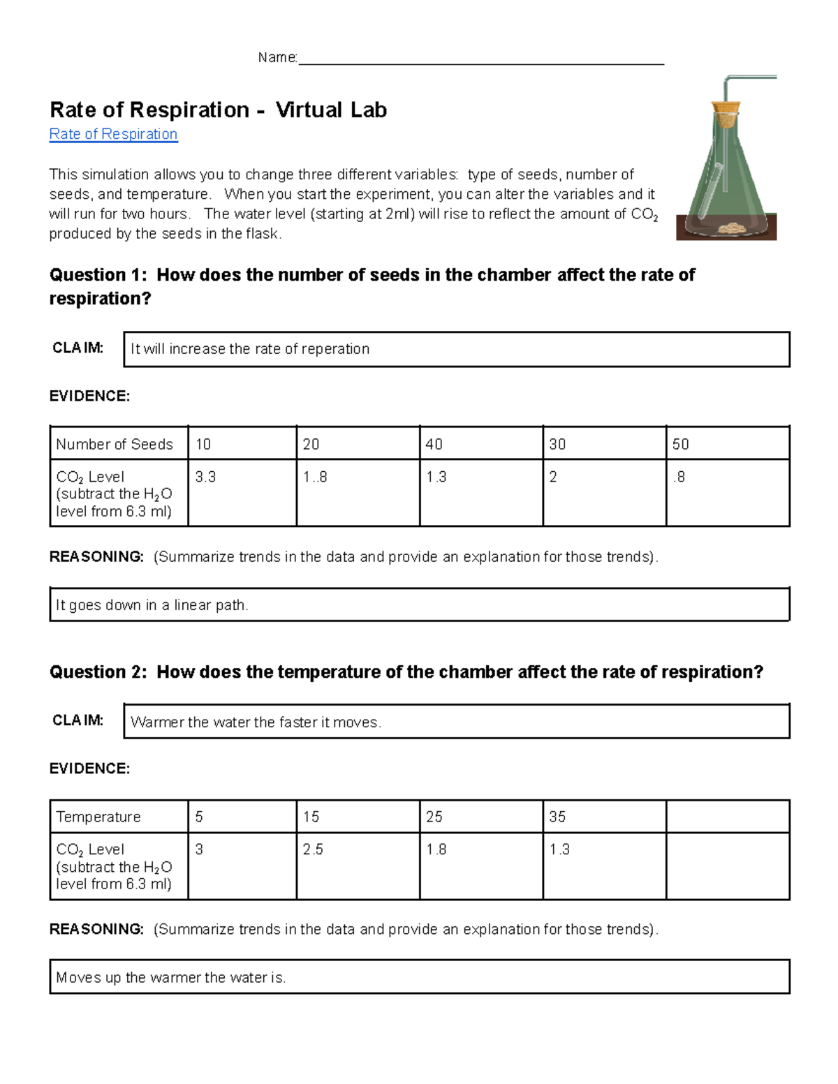 Investigation - Rate of Respiration Virtual Lab with CER Analysis - Studocu