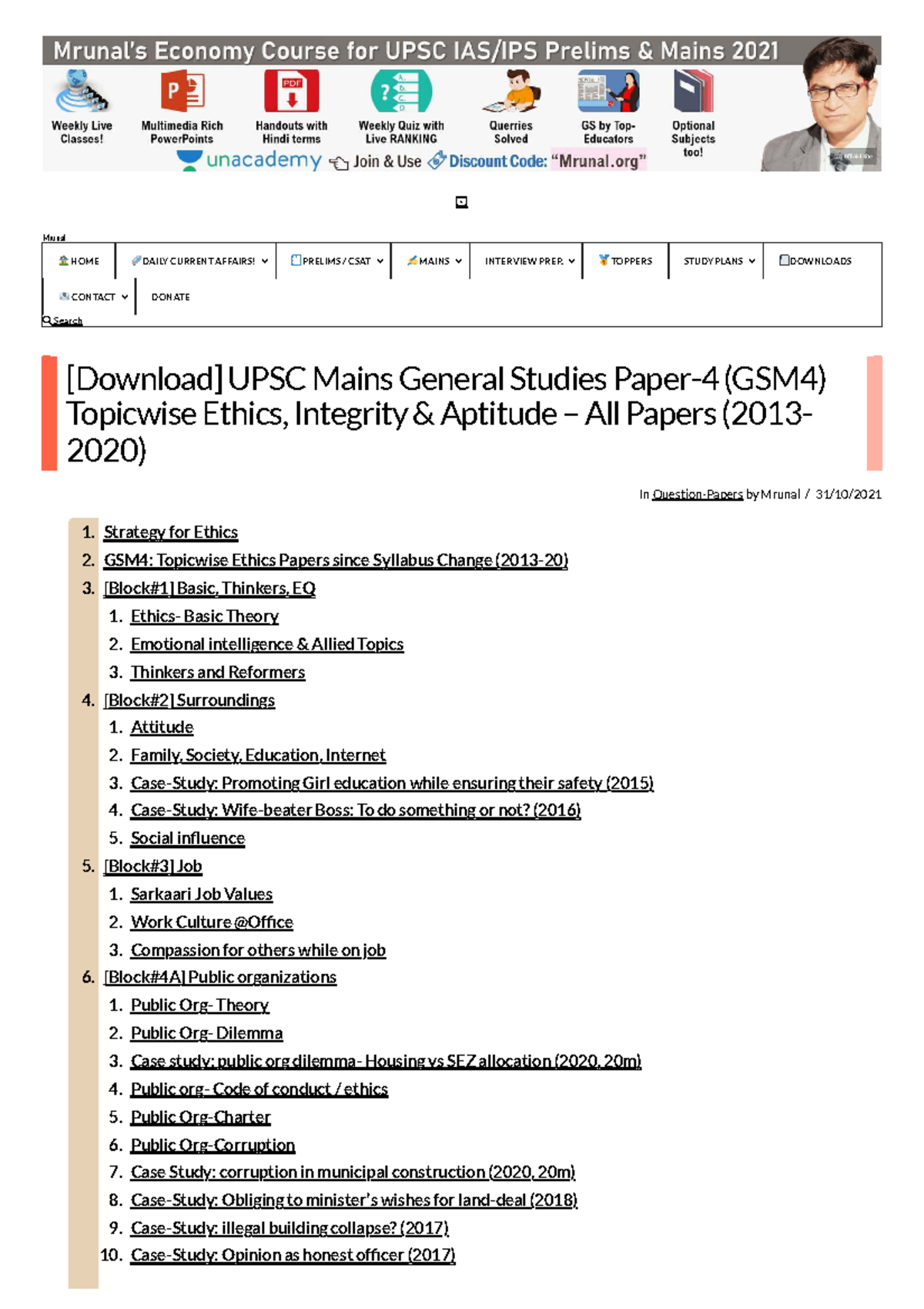 GS4 - Past question papers - [Download] UPSC Mains General Studies Paper-4 (GSM4) Topicwise ...