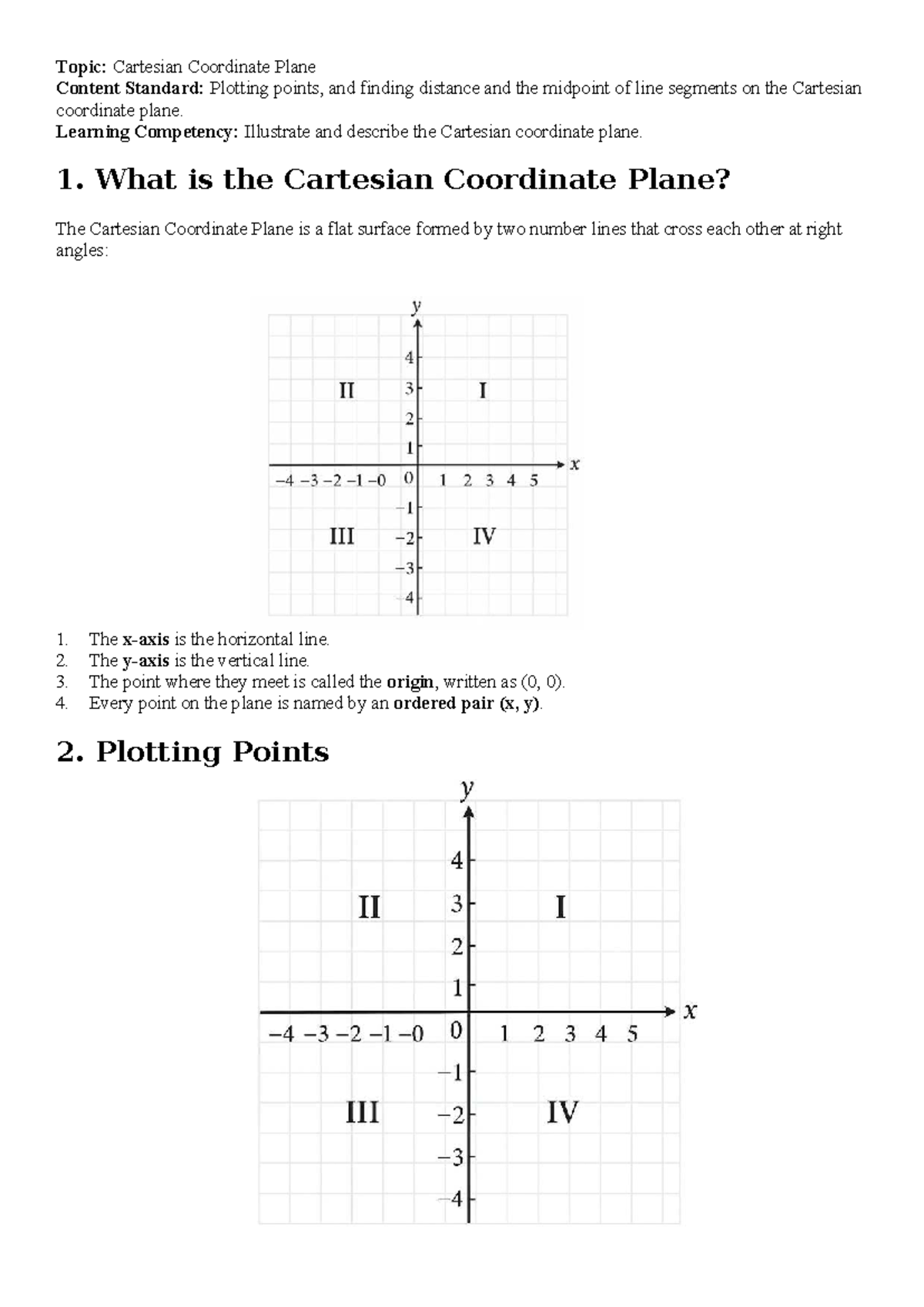 Cartesian Coordinate Plane: Plotting Points & Distances - Studocu