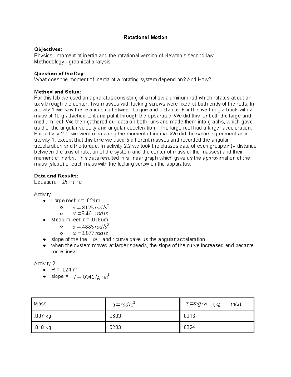 Physics 111 - Lab Report 9: Analyzing Rotational Motion and Inertia ...