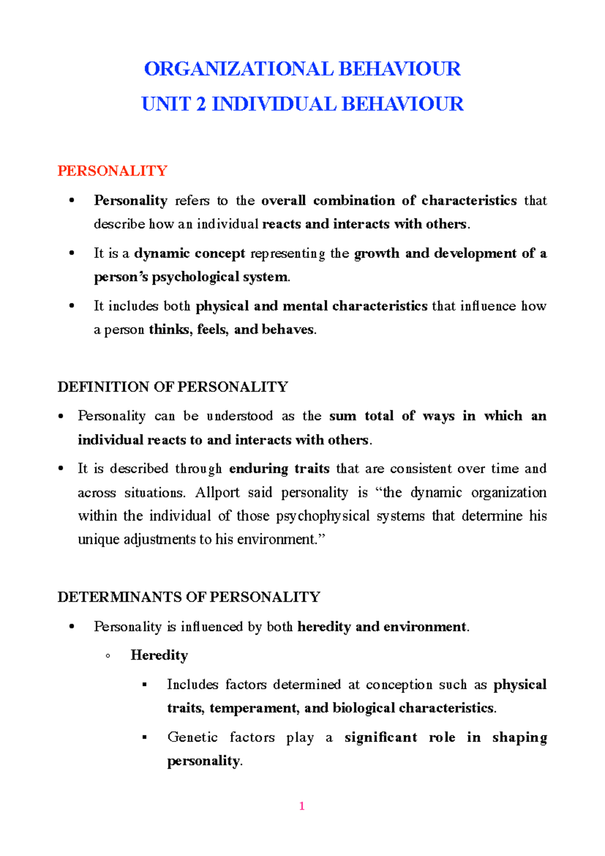 R22 OB Unit 2 - Individual Behavior & Personality Lecture Notes - Studocu