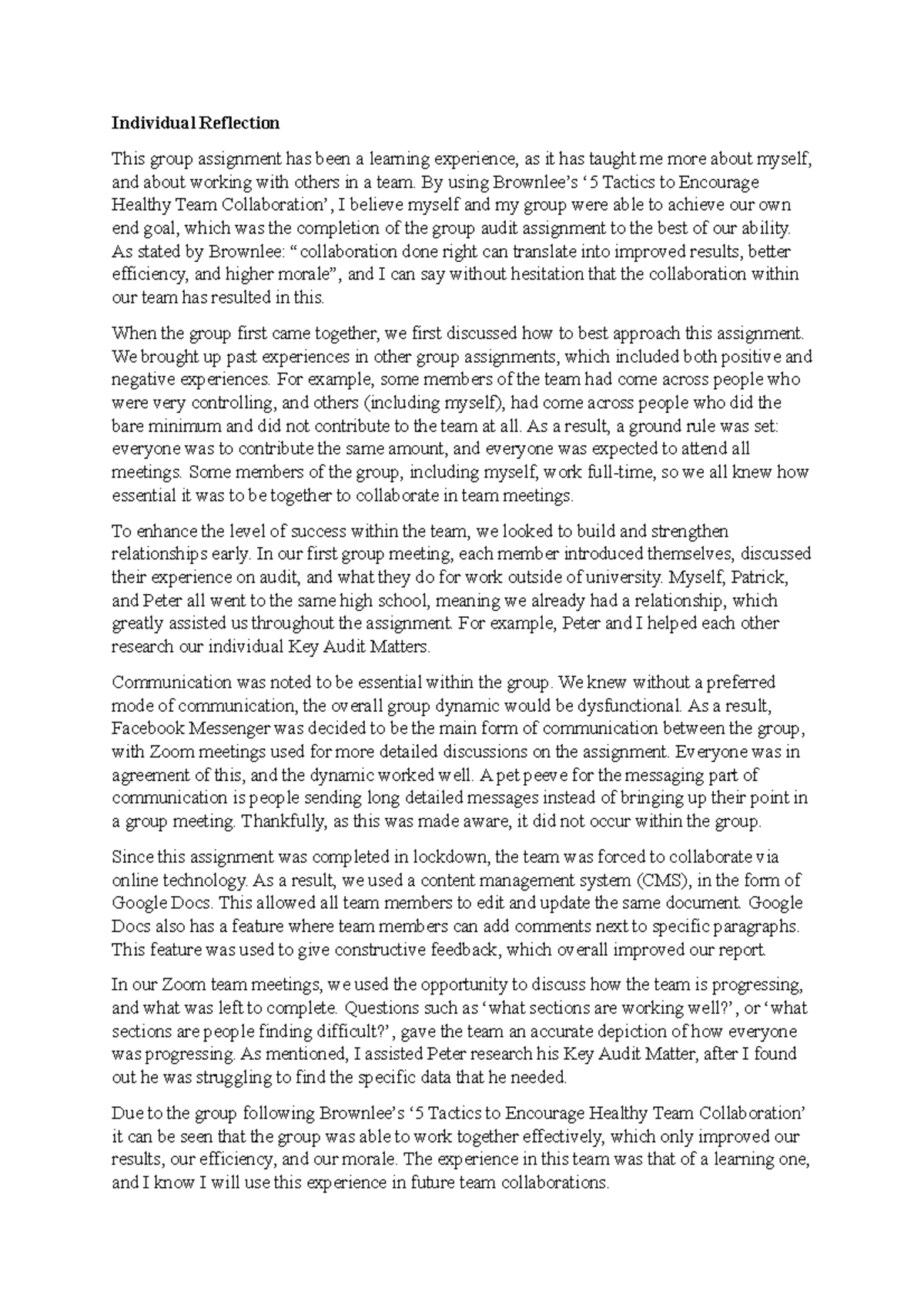 ACCG3040 - Group Assignment: Individual Reflection on Team ...