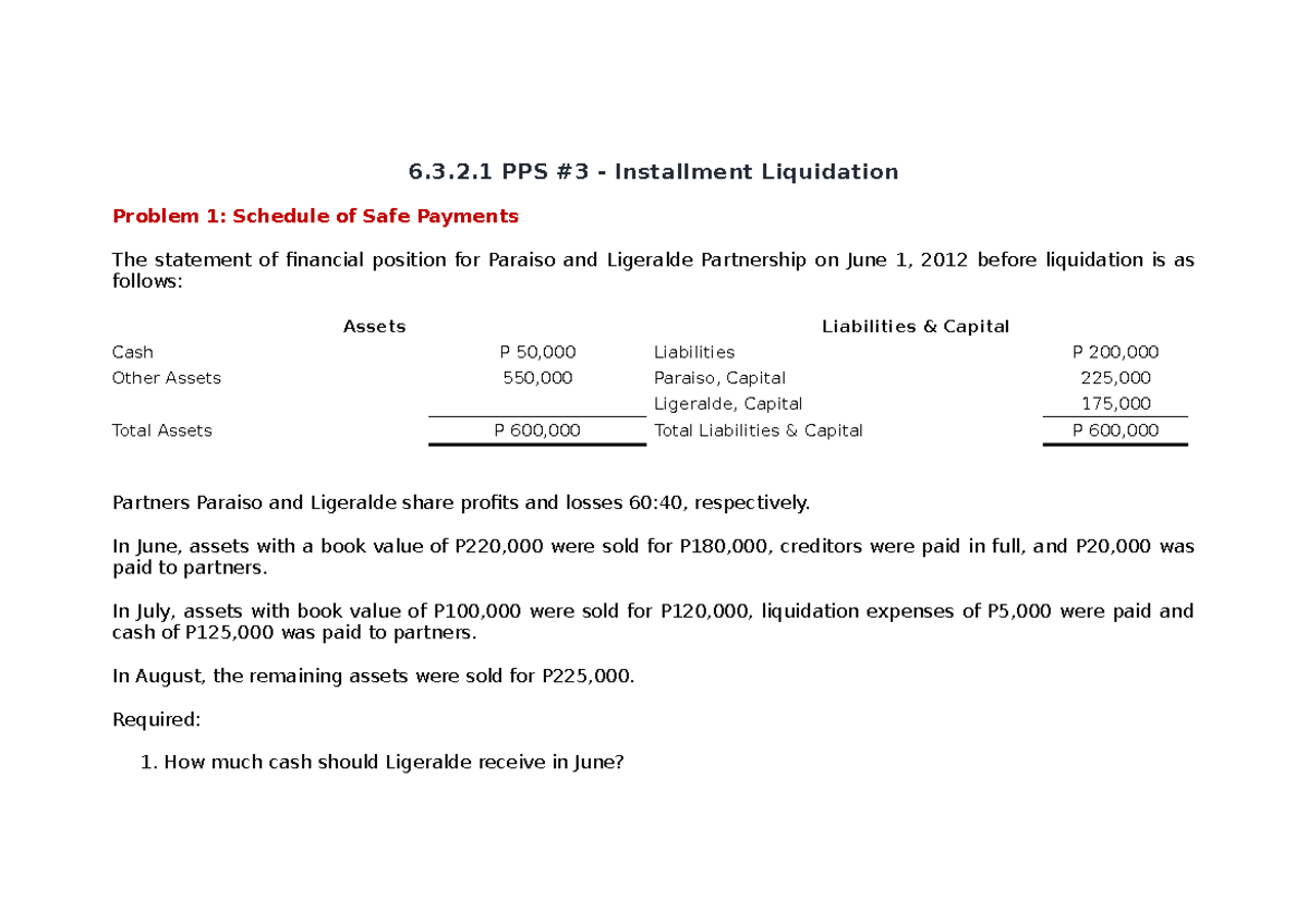 PPS #3 - Installment Liquidation: Financial Position & Payment Schedule ...