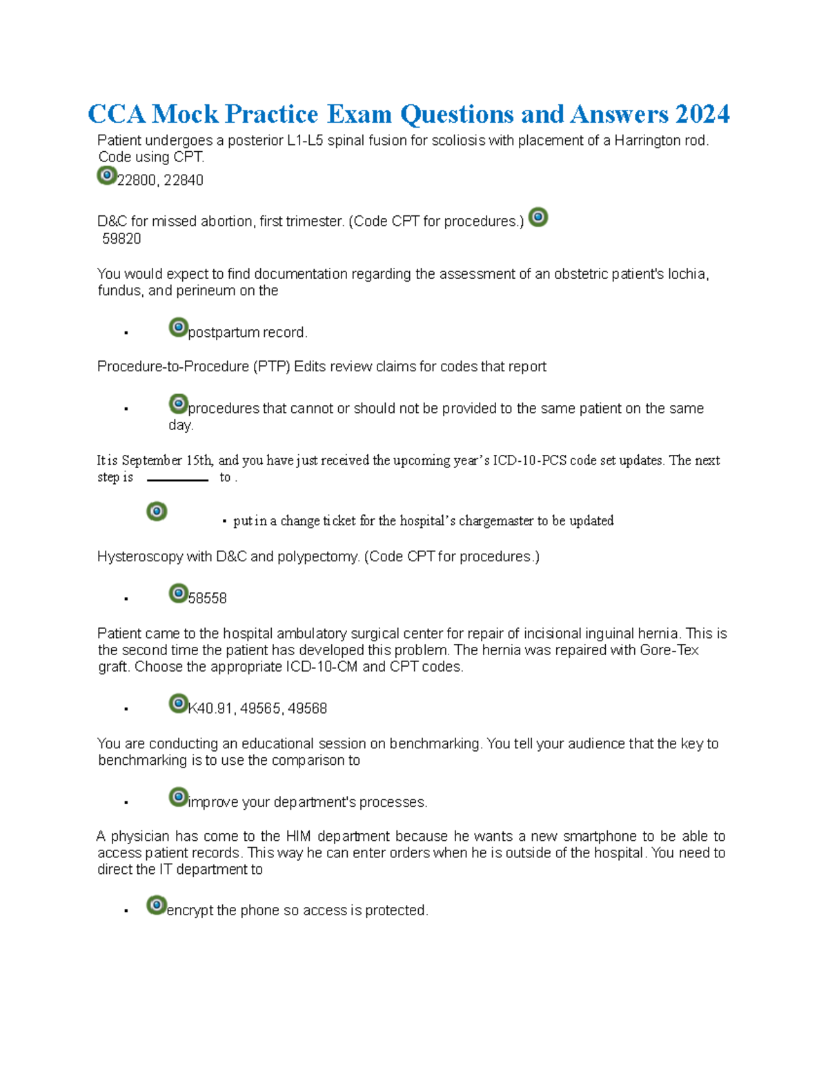 CCA Mock Practice Exam Questions & Answers 2024: Coding Procedures ...