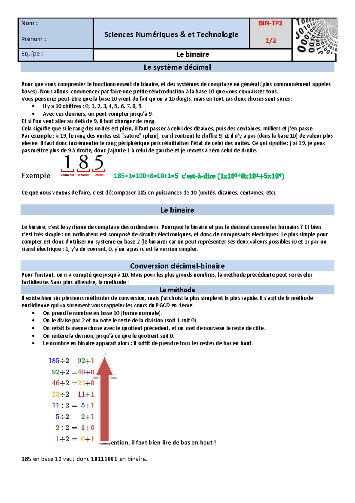 Binaire-TP2 - Exercice de Conversion Binaire-Décimal et Vice Versa ...