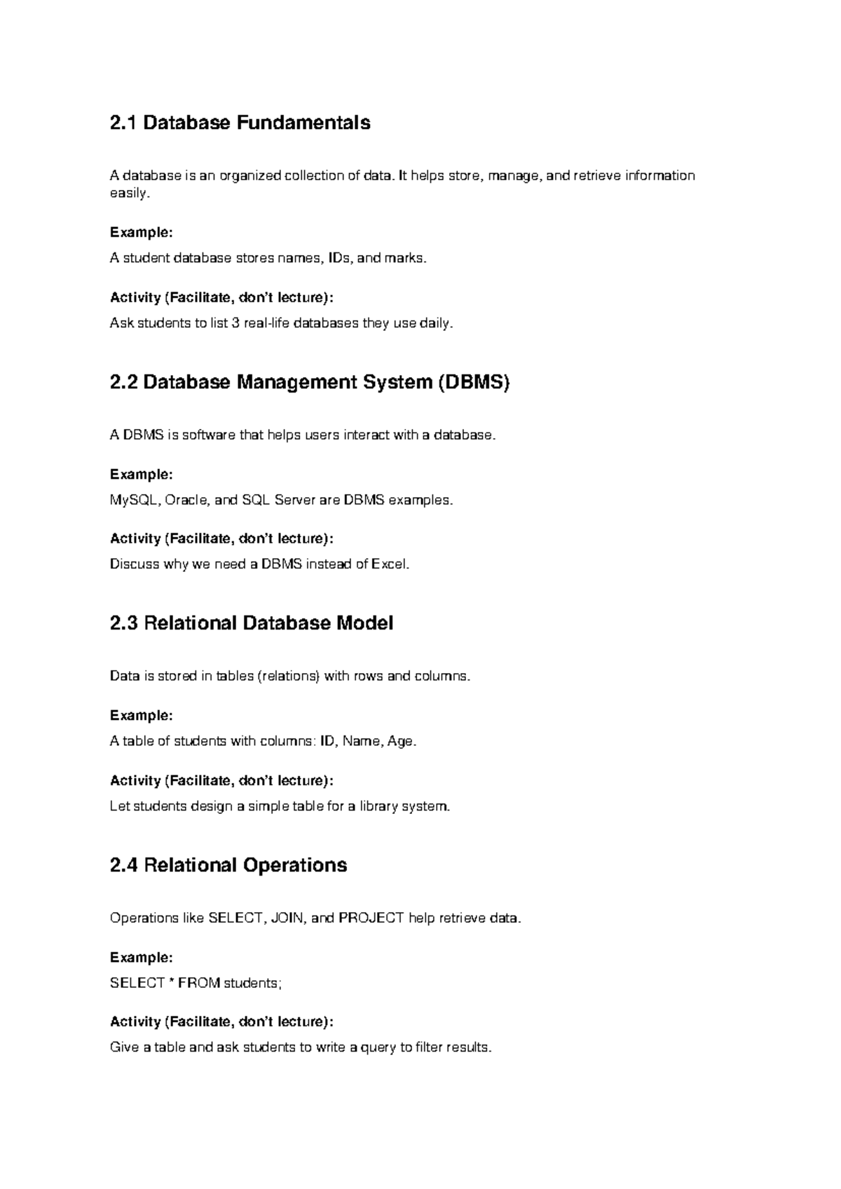 Database Structures SI Notes: Key Concepts and Activities - Studocu