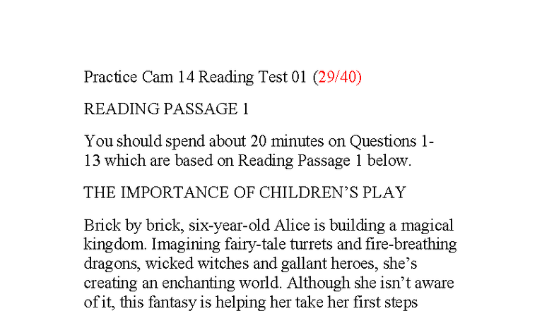 Practice Cam 14 Reading Test 01: The Role of Play in Development - Studocu