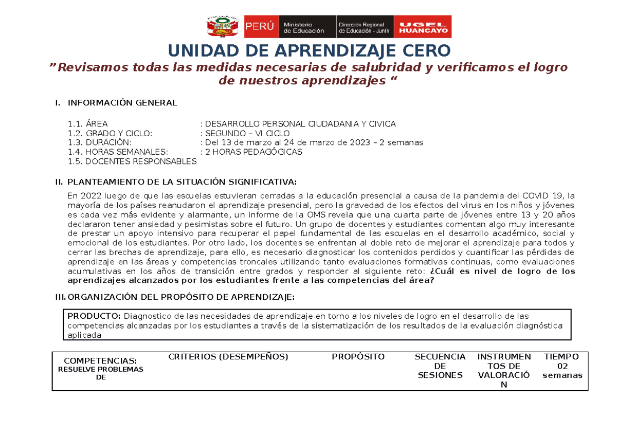 Modelo Unidad CERO DPCC 2023 - UNIDAD DE APRENDIZAJE CERO ” Revisamos ...
