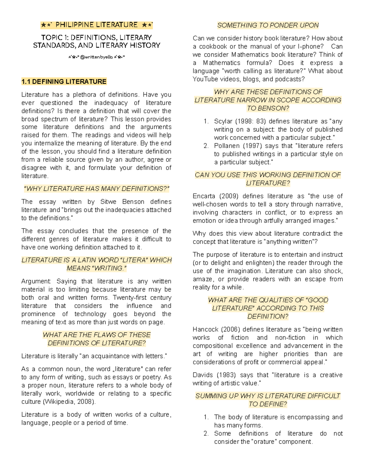 Philippine Literature T1: Definitions, Literary Standards & History ...