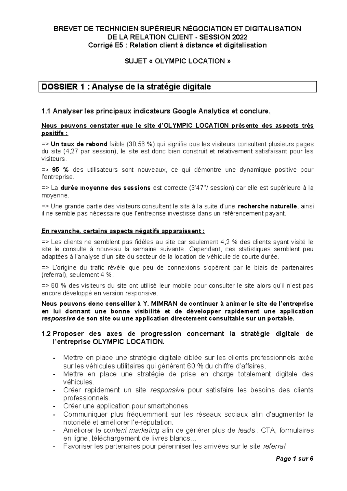 Corrigé Sujet E5 BTS NDRC 2022 : Digitalisation et Relation Client - Studocu