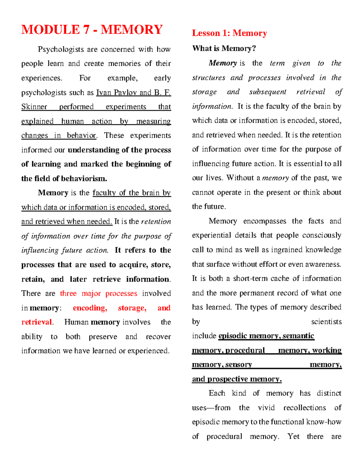 Module 7 - Lesson 1 - I hope it will help you. - MODULE 7 - MEMORY ...
