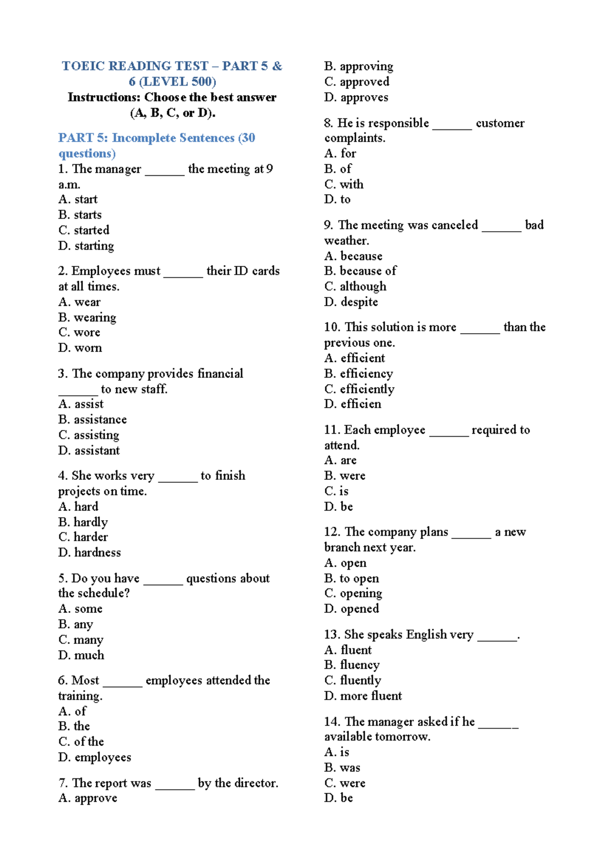 TOEIC READING TEST PART 5 & 6 (LEVEL 500) Practice Questions - Studocu