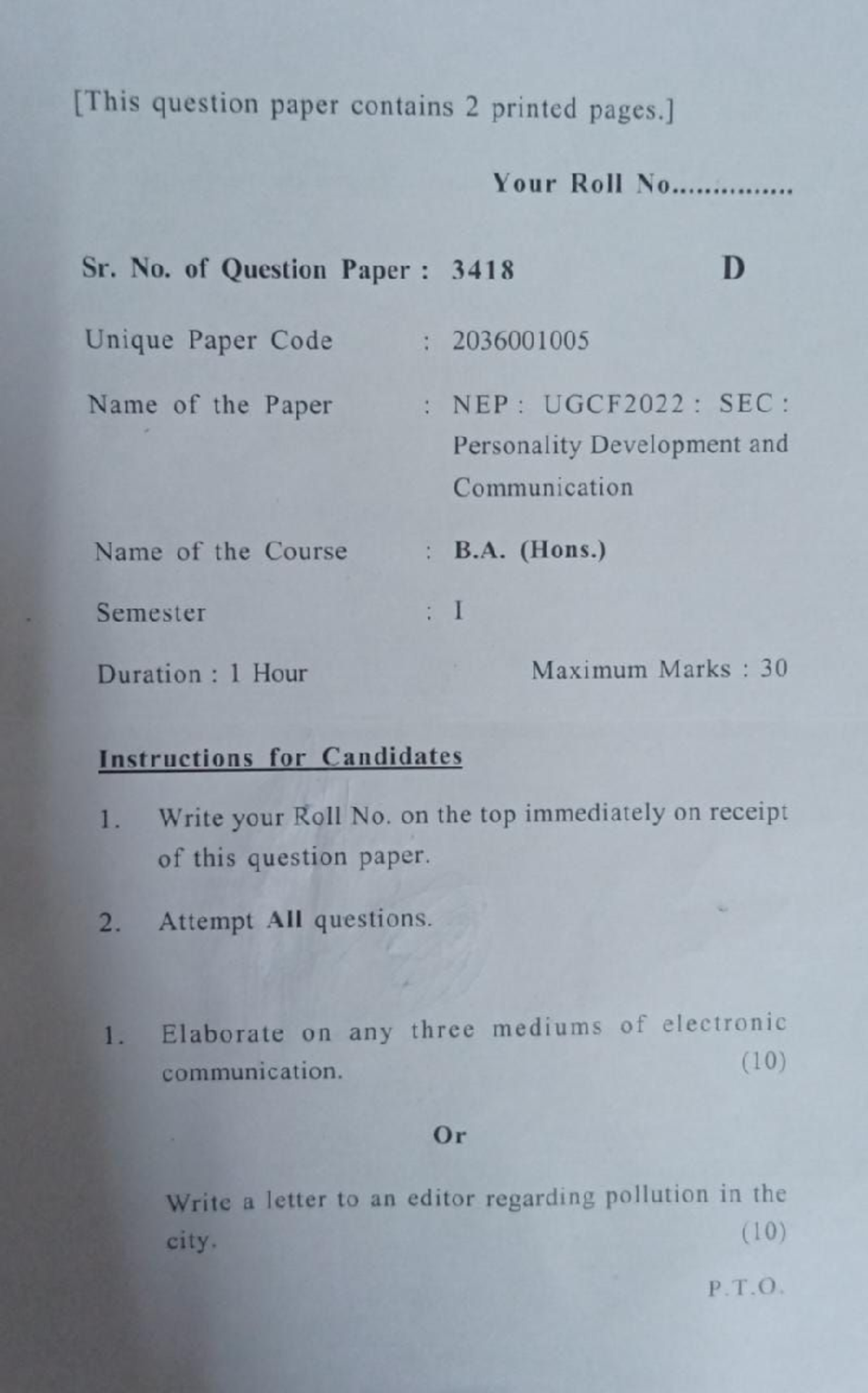 PDC QP 3418 - UPC 2036001005 - question paper contains 2 printed Your ...