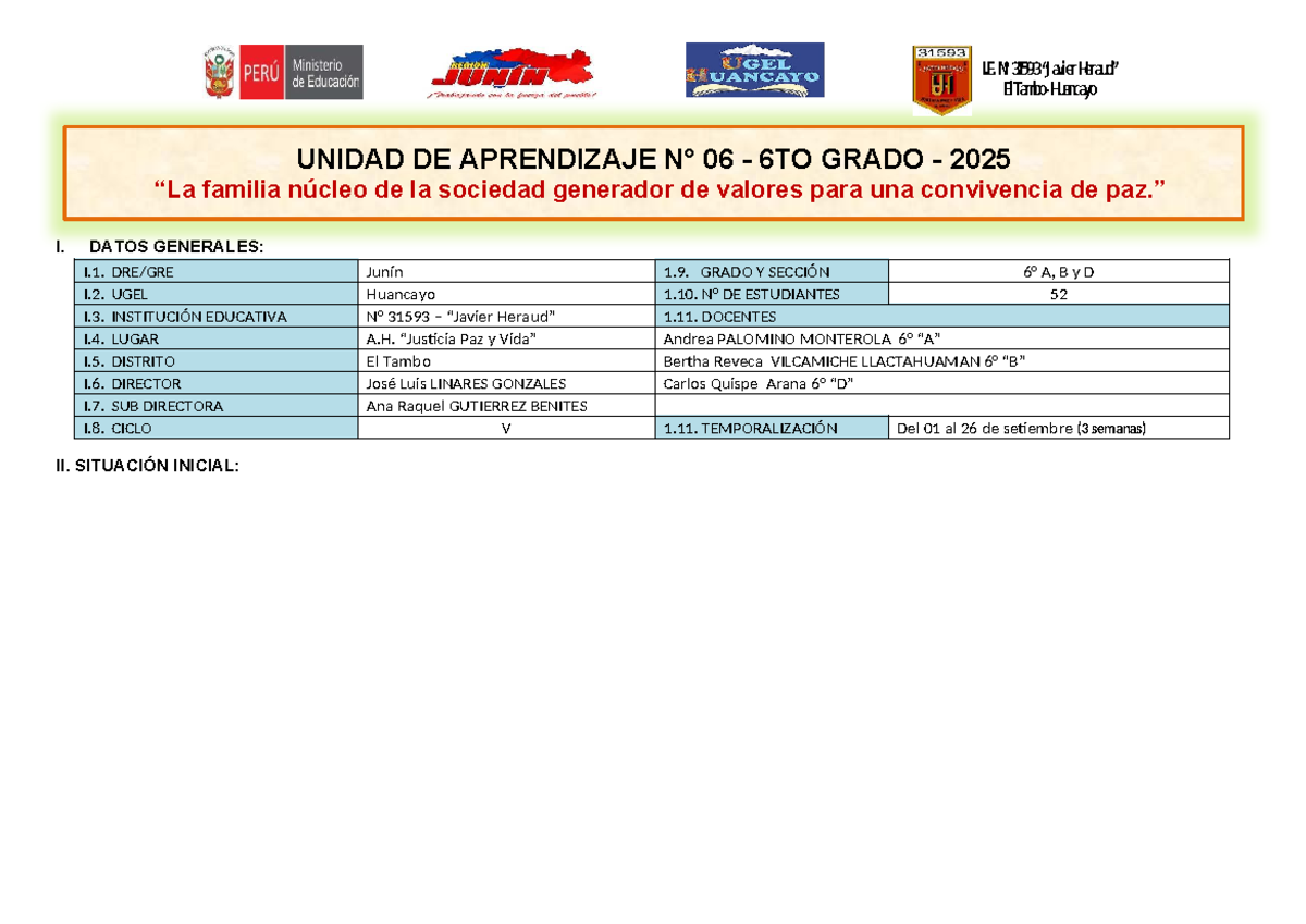 Unidad de Aprendizaje 06: Familia y Valores para la Convivencia 6to ...