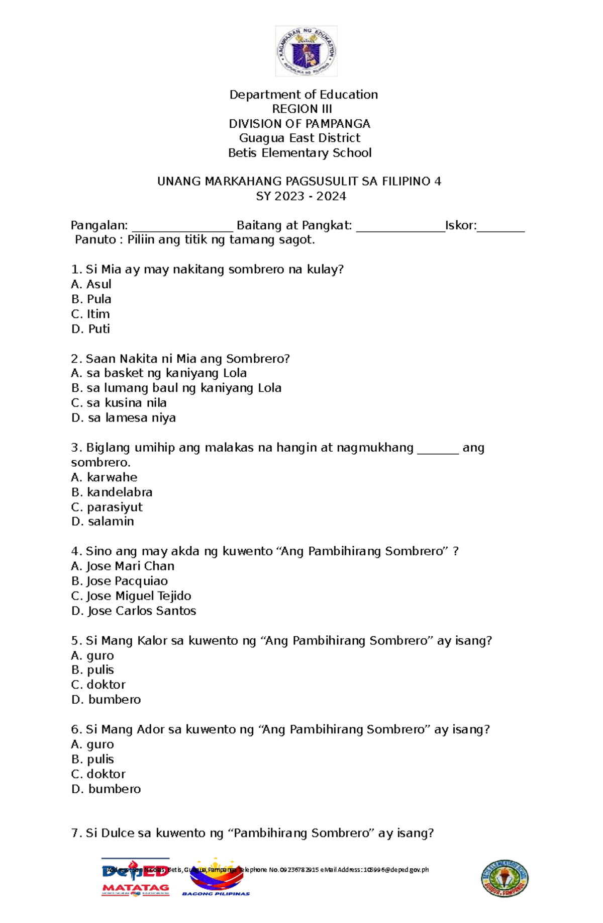 Filipino 4 - sample test paper - Department of Education REGION III ...