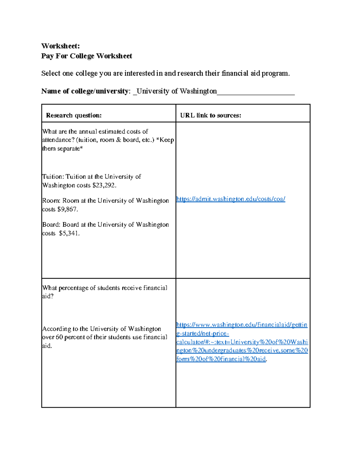 4.02 Pay for College - Worksheet: Pay For College Worksheet Select one ...
