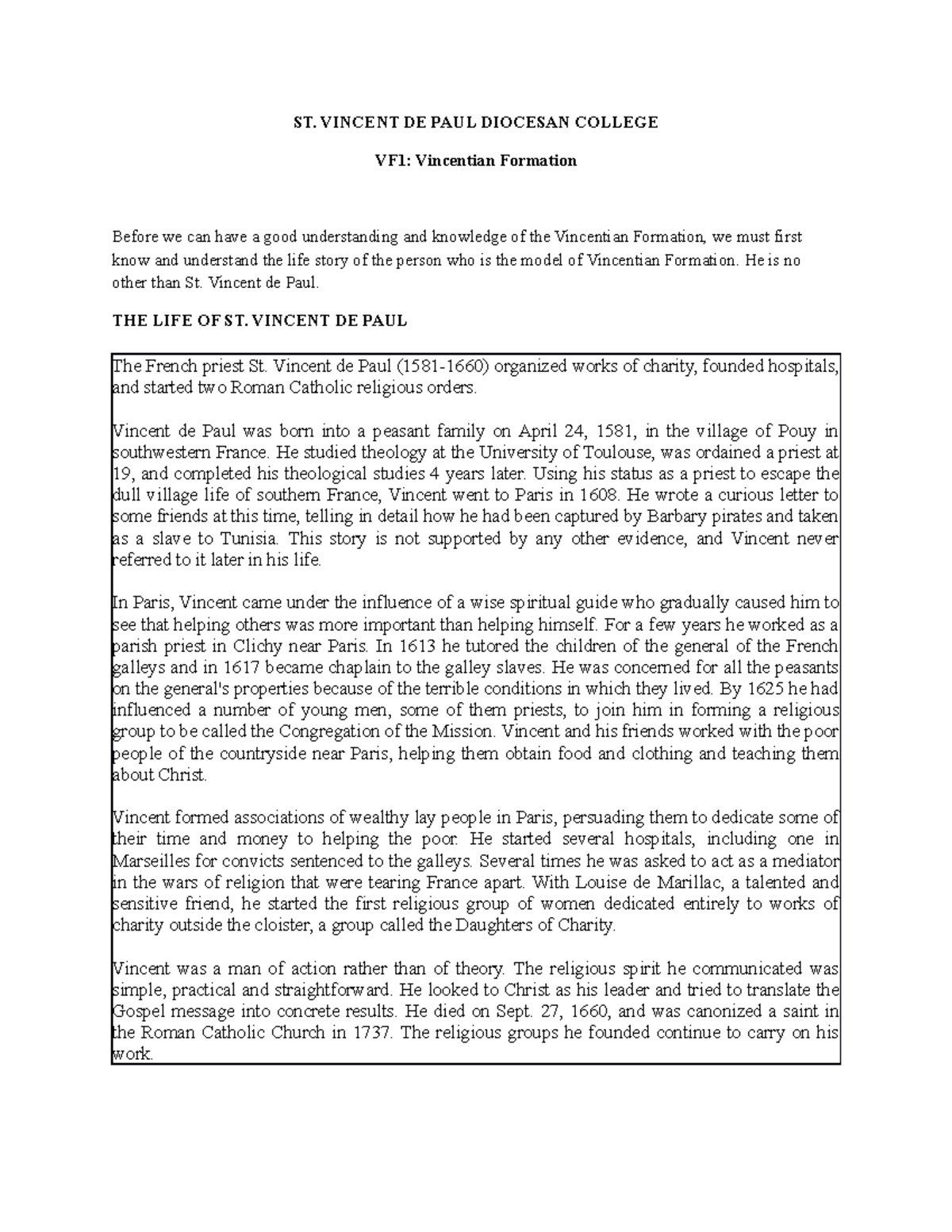 VF1 - VINCENT FORMATION - ST. VINCENT DE PAUL DIOCESAN COLLEGE VF1 ...
