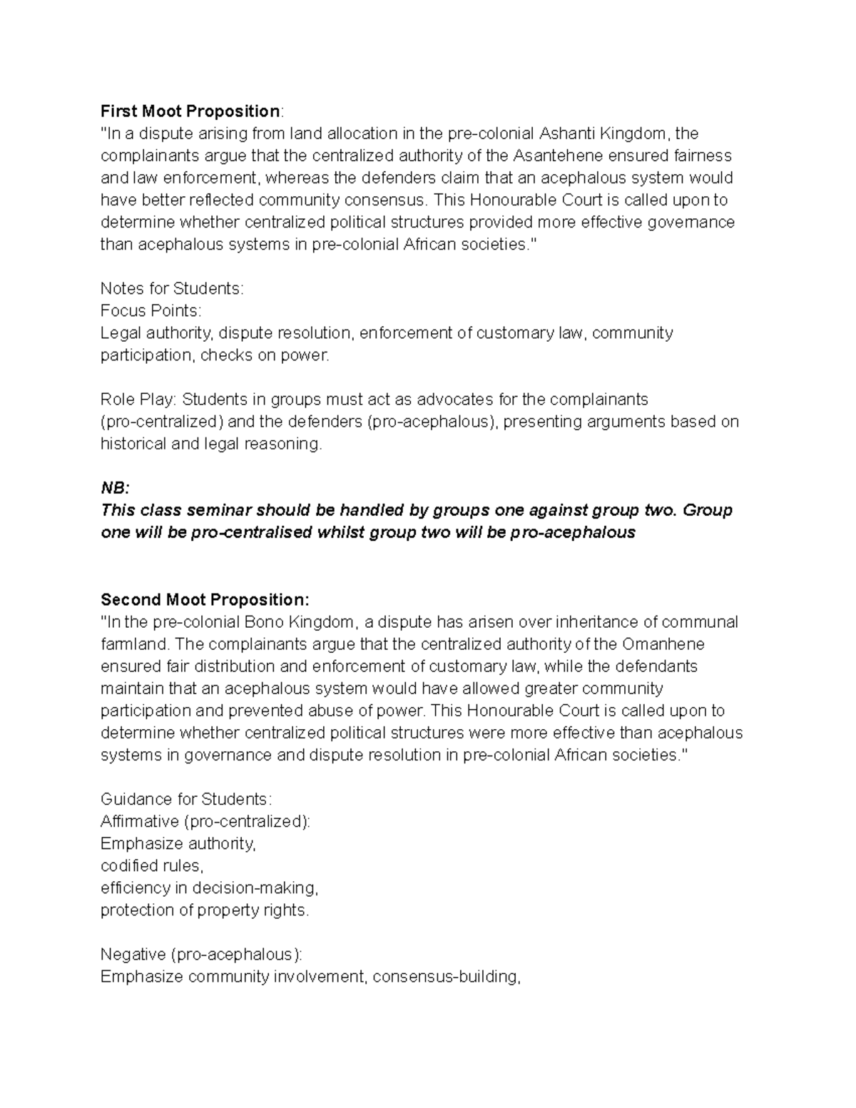 Moot Proposition for Class Seminar 1: Centralized vs. Acephalous ...
