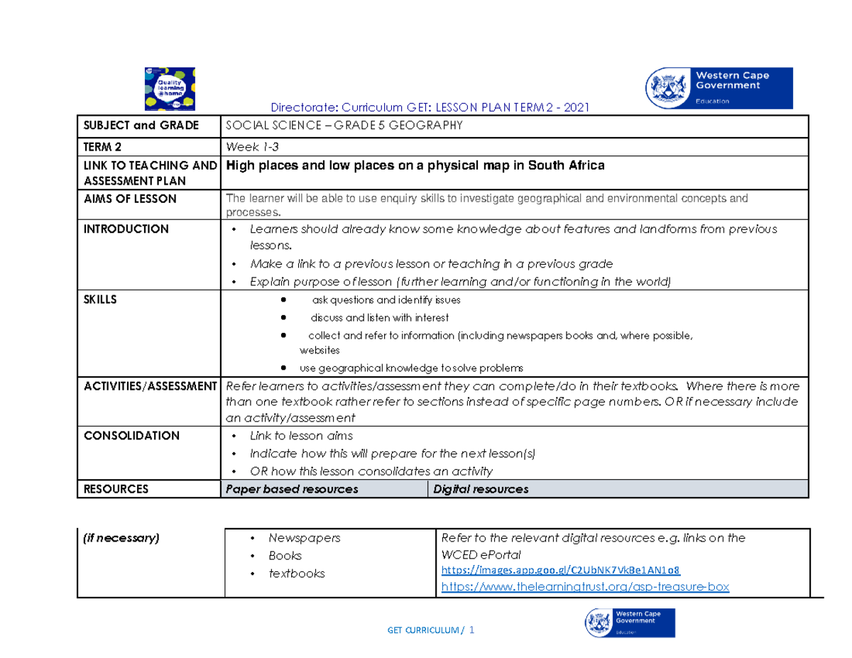 Lesson Plan GET IP Gr 5 SS Geography T2 W1-3: High and Low Places - Studocu