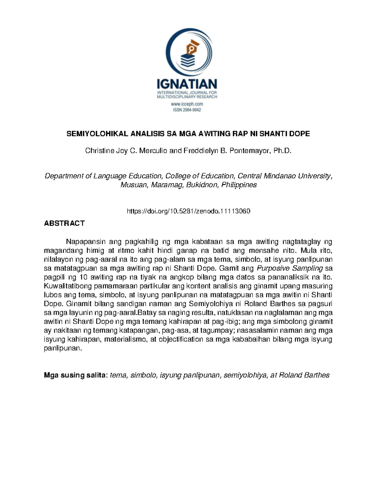 Semiyolohikal na Pagsusuri ng Mga Awiting Rap ni Shanti Dope - Studocu