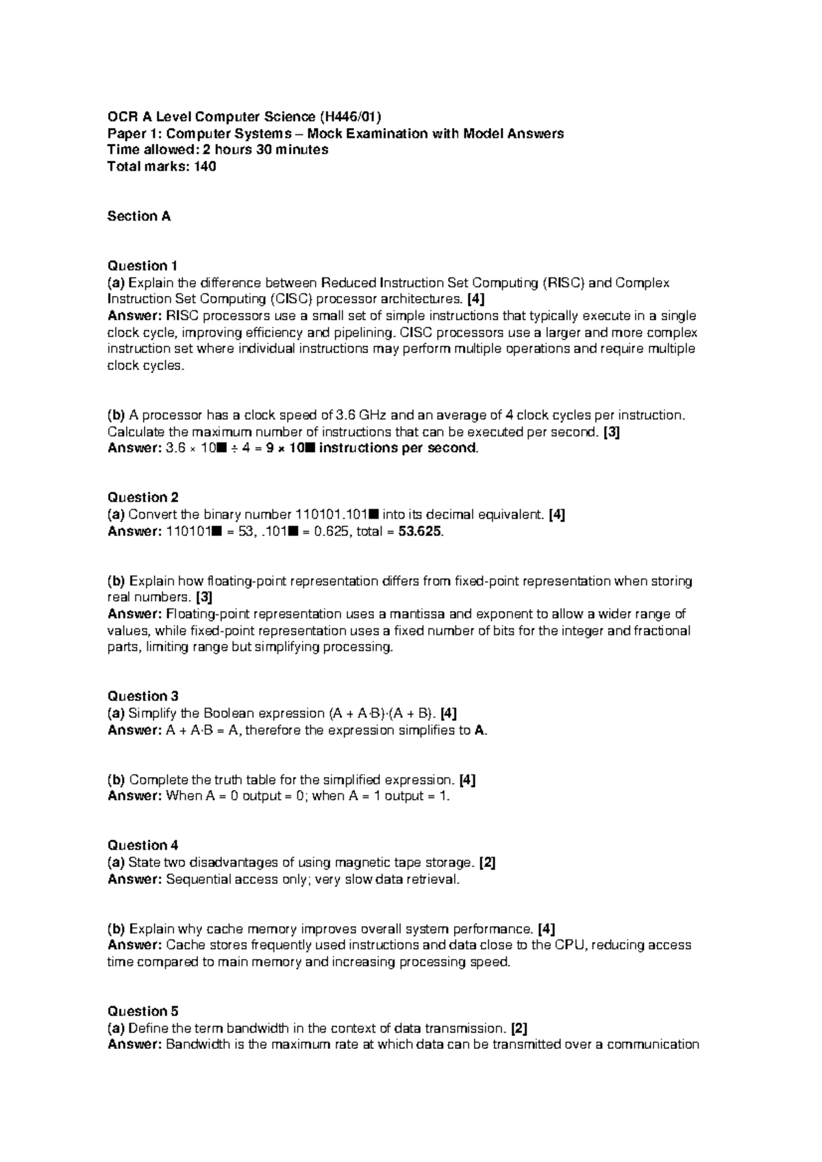 OCR A Level Computer Science Paper 1 Mock Exam with Answers - Studocu