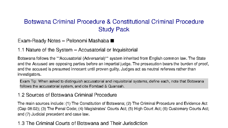 Botswana Criminal Procedure Study Pack Notes - Chapter 1 - Studocu