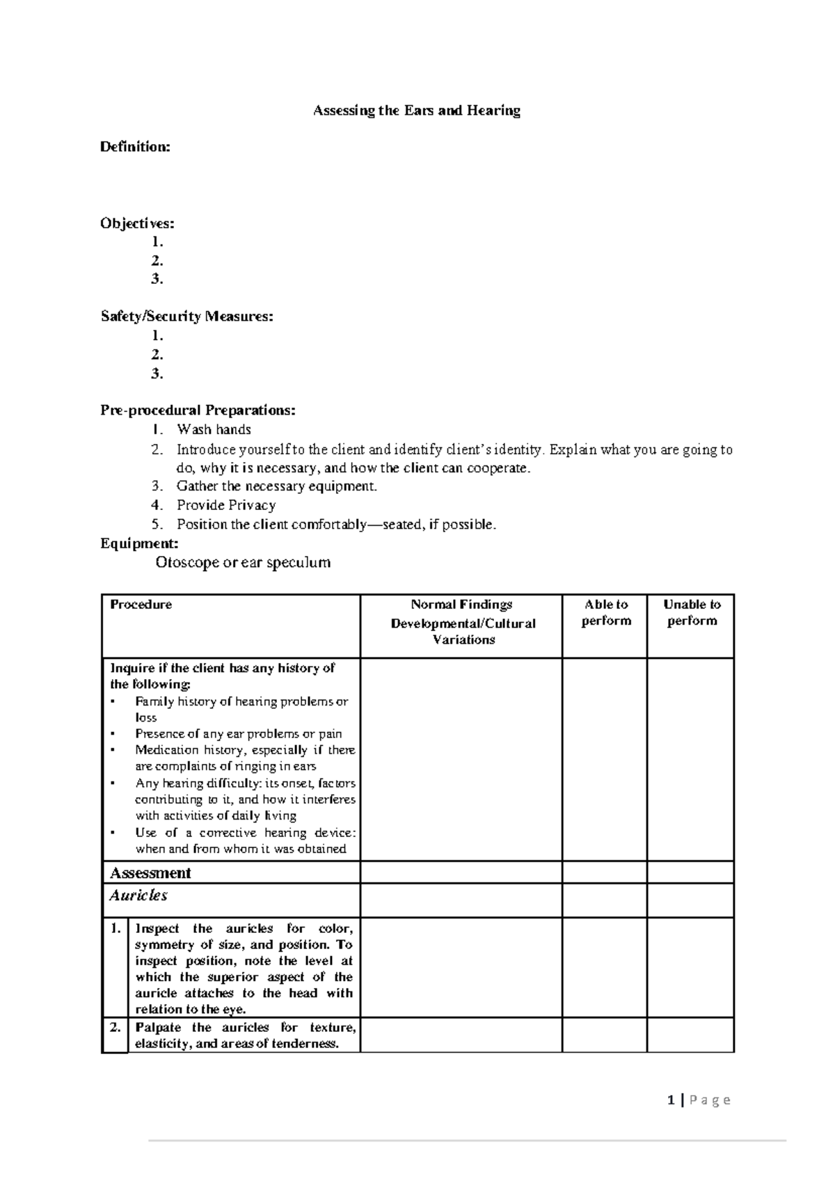 Assessing the Ears and Hearing Checklist - 1 | P a g e Assessing the ...