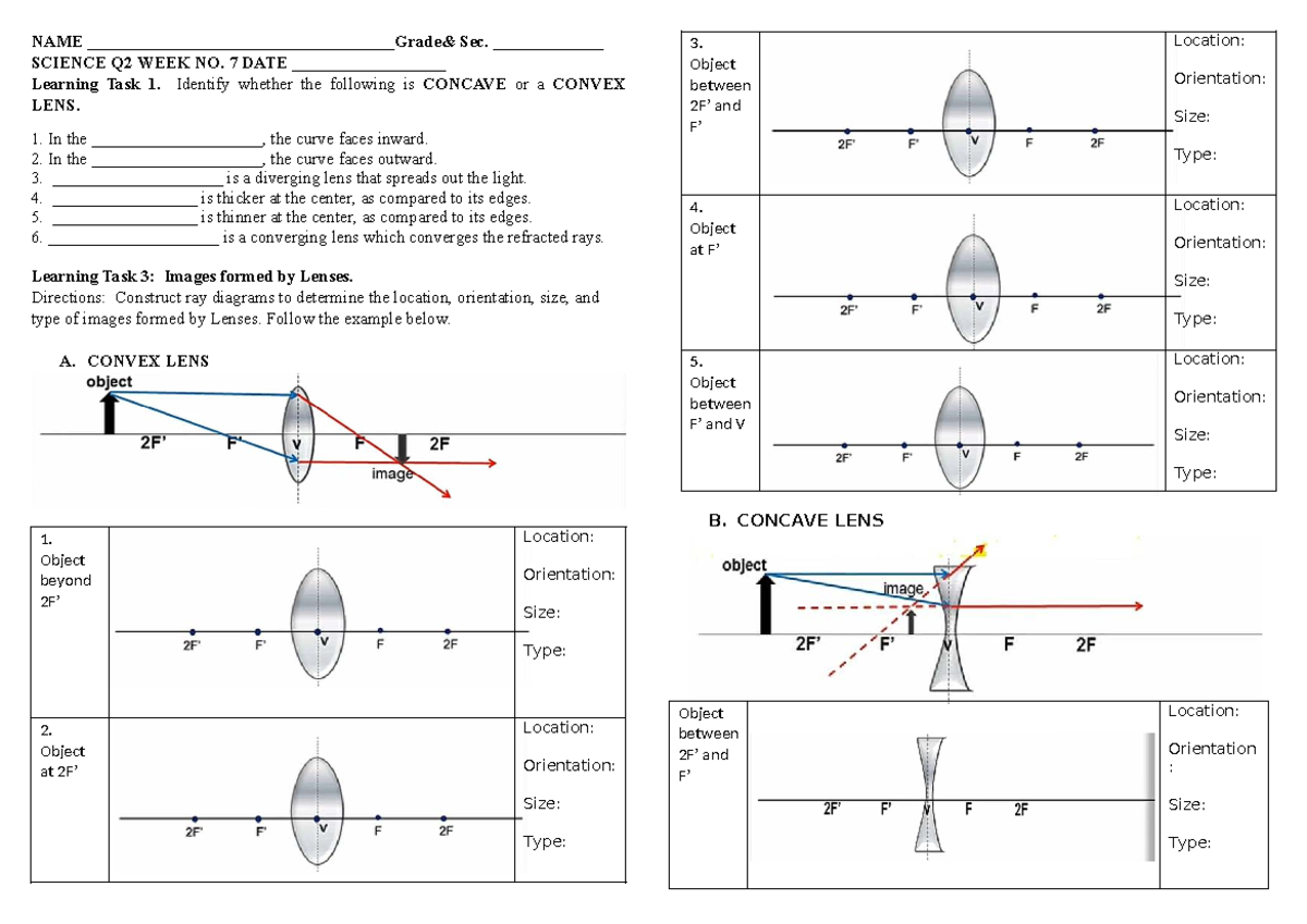 SCIENCE Q2 WEEK 7: Lenses - Concave & Convex Identification Worksheet - Studocu