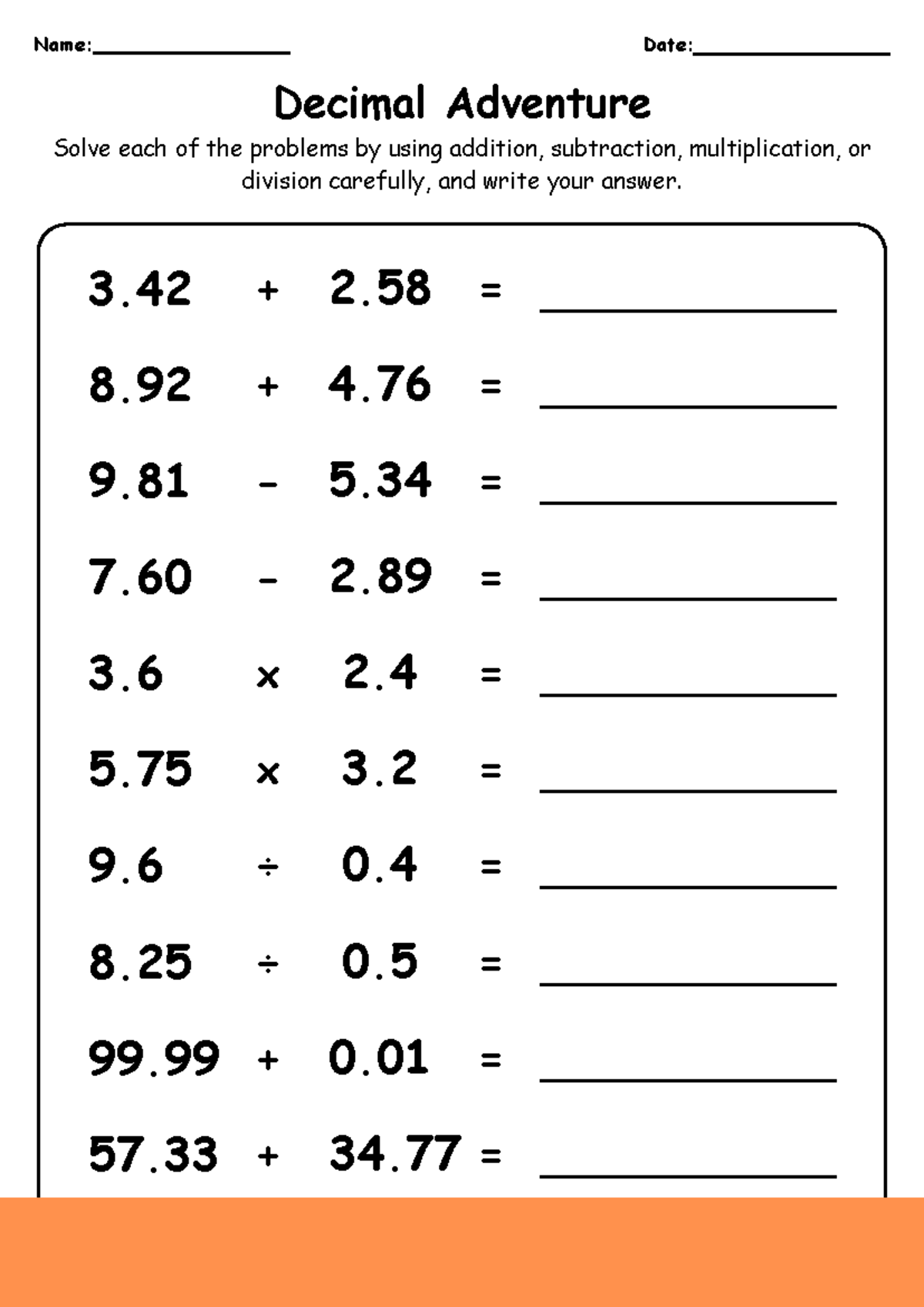 Decimal Operations Practice - 5th Grade Worksheet - 3 + 2 = 8 + 4 = 9 ...
