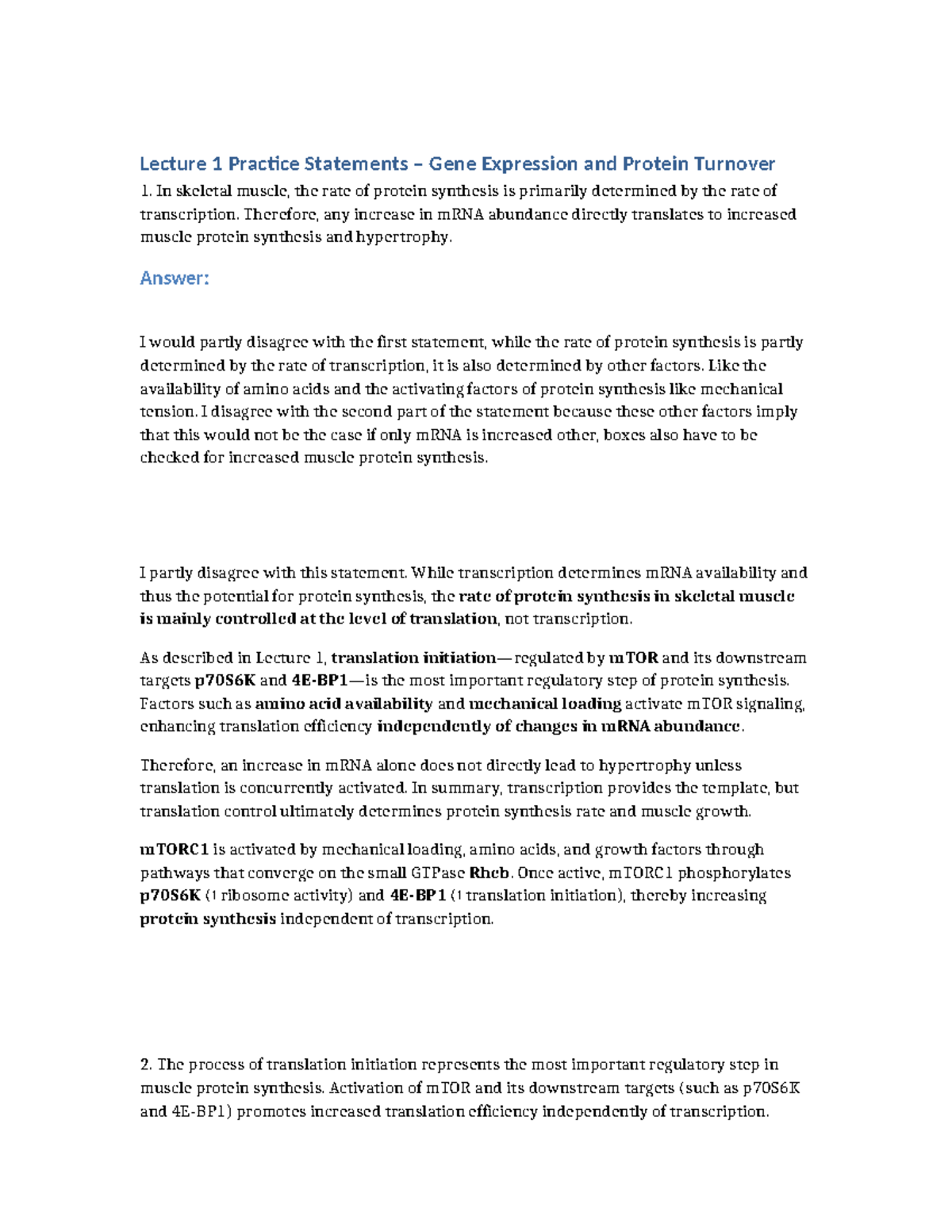 Exercise Physiology Lecture 1 Practice Statements on Gene Expression ...