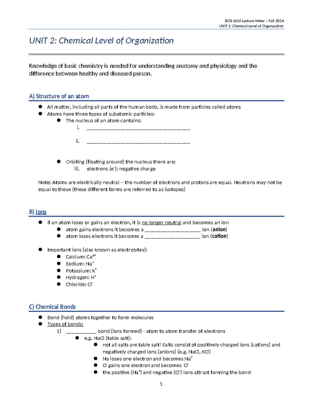UNIT 2: Chemical Level of Organization - Key Concepts and Overview ...