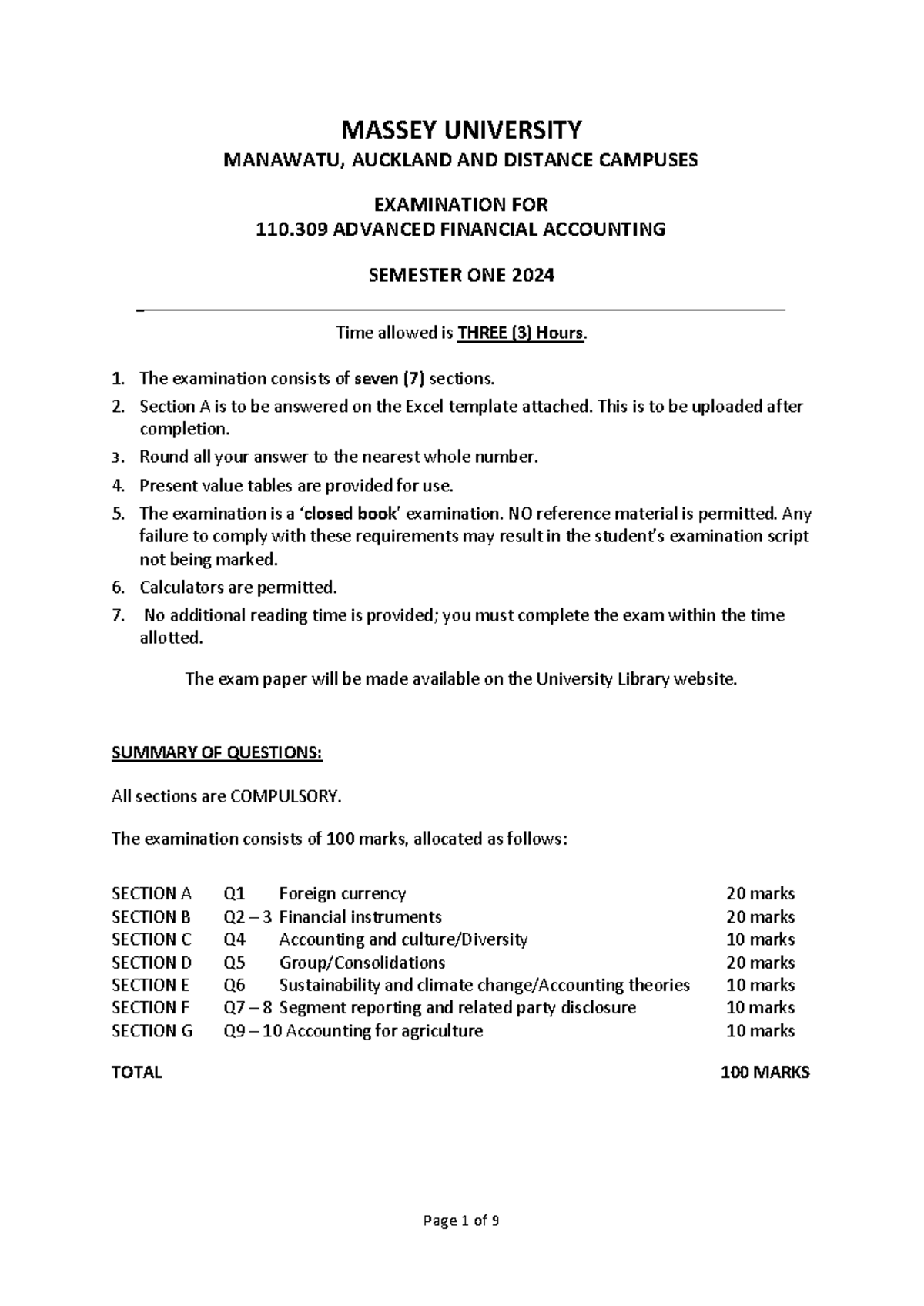 Final Exam 110.309 Advanced Financial Accounting - Semester 1 2024 ...