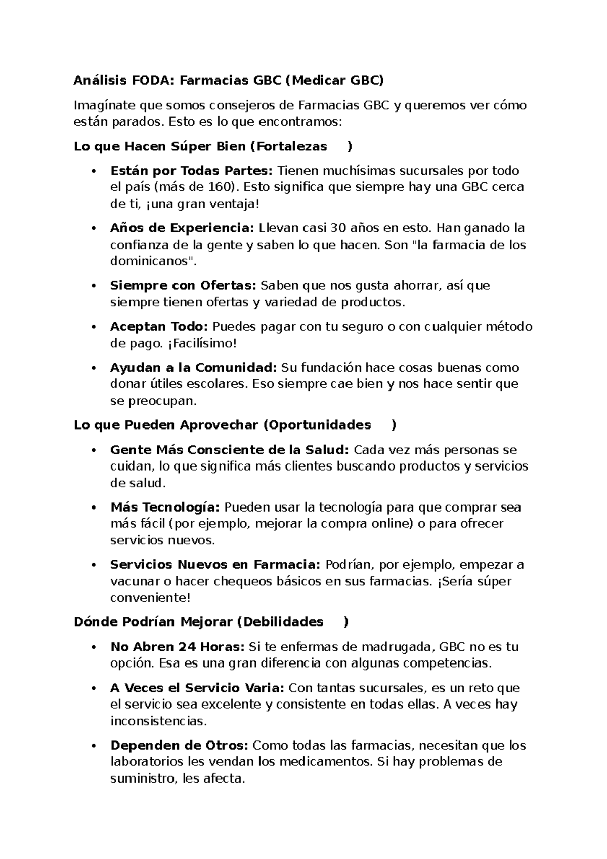 Análisis FODA: Farmacias GBC (Medicar GBC) y Oportunidades de Mejora ...