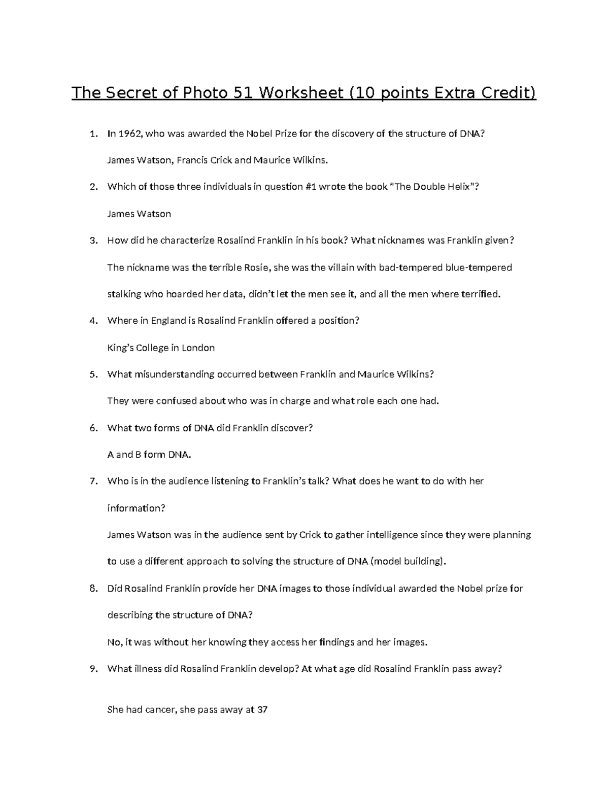 The Secret of Photo 51 Worksheet - Extra Credit Assignment - Studocu