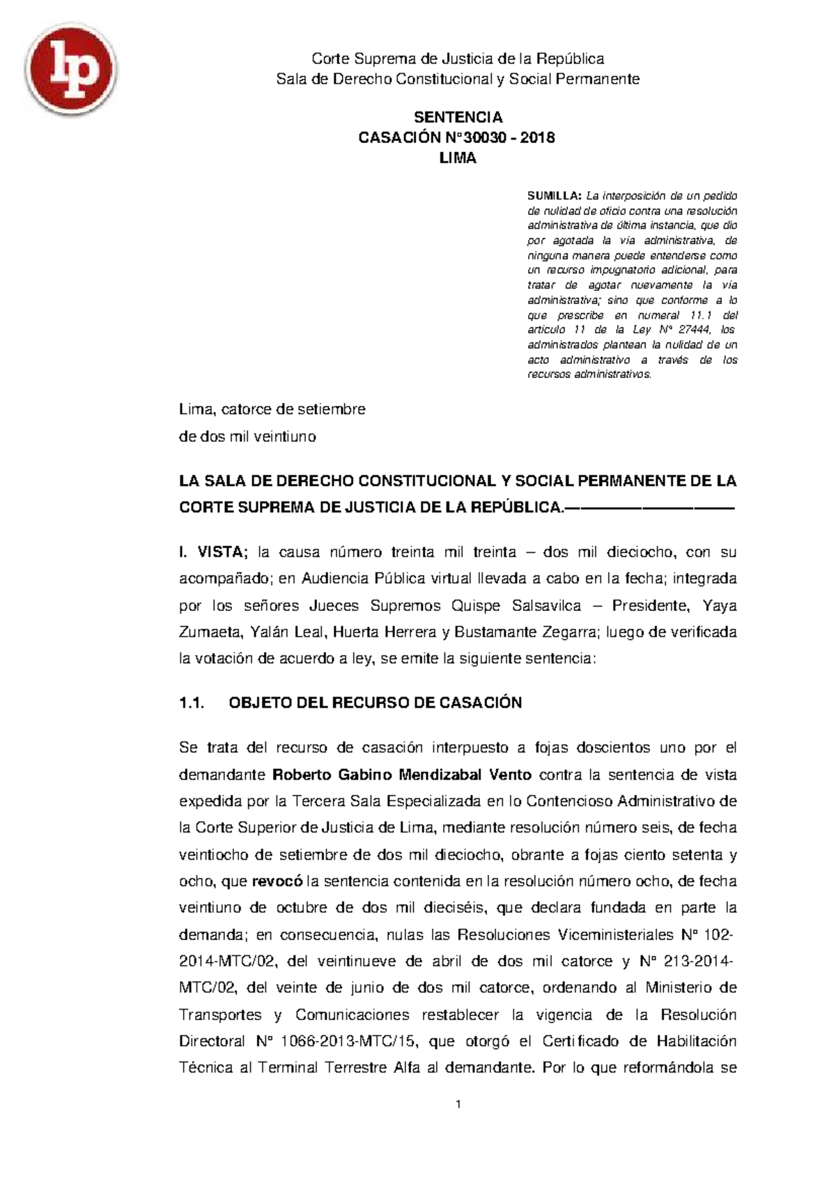 Sentencia de Casación 30030-2018: Análisis y Decisión en Lima - Studocu