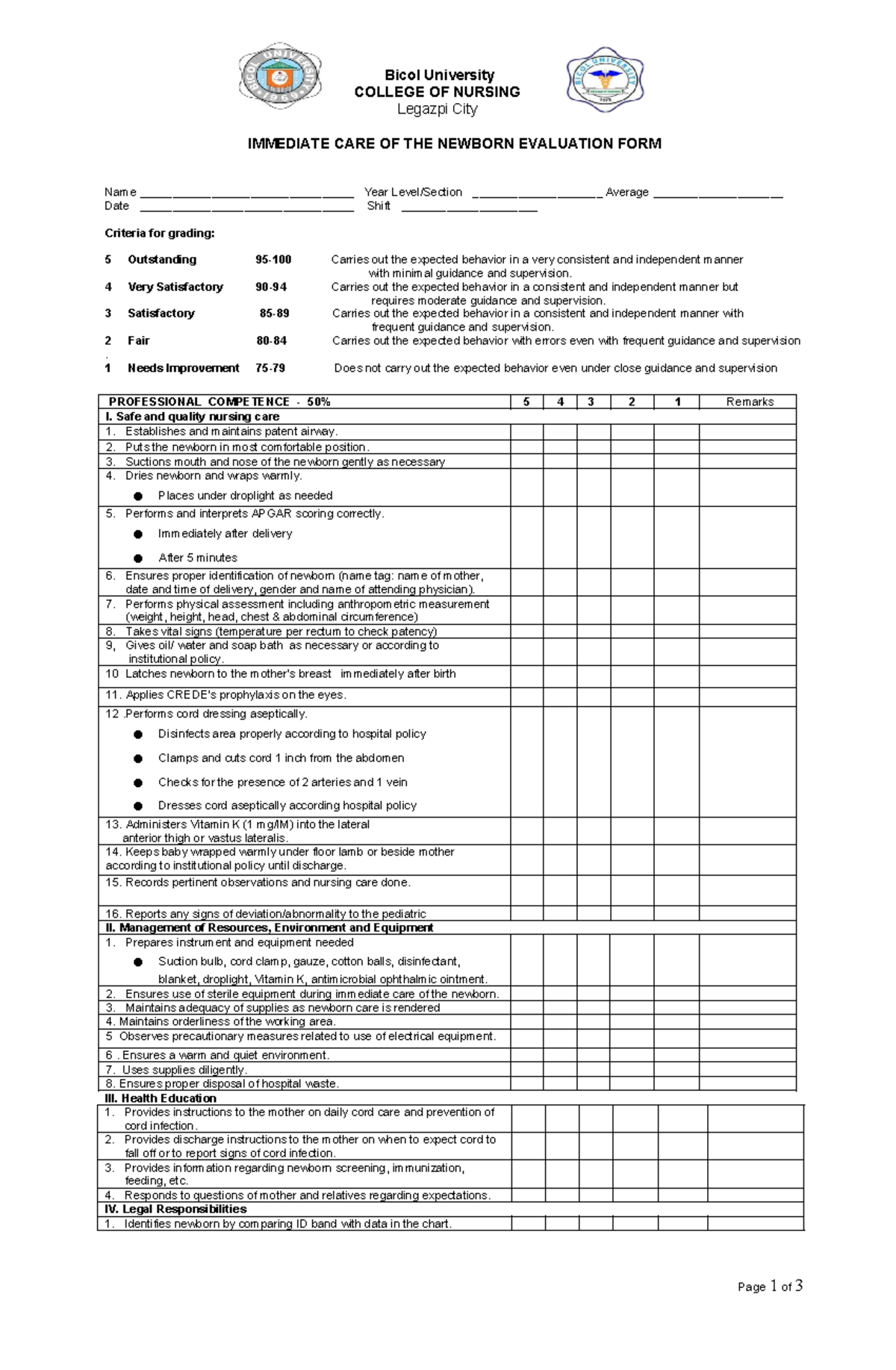 NICU Evaluation Tool: Immediate Care of the Newborn Form - Studocu
