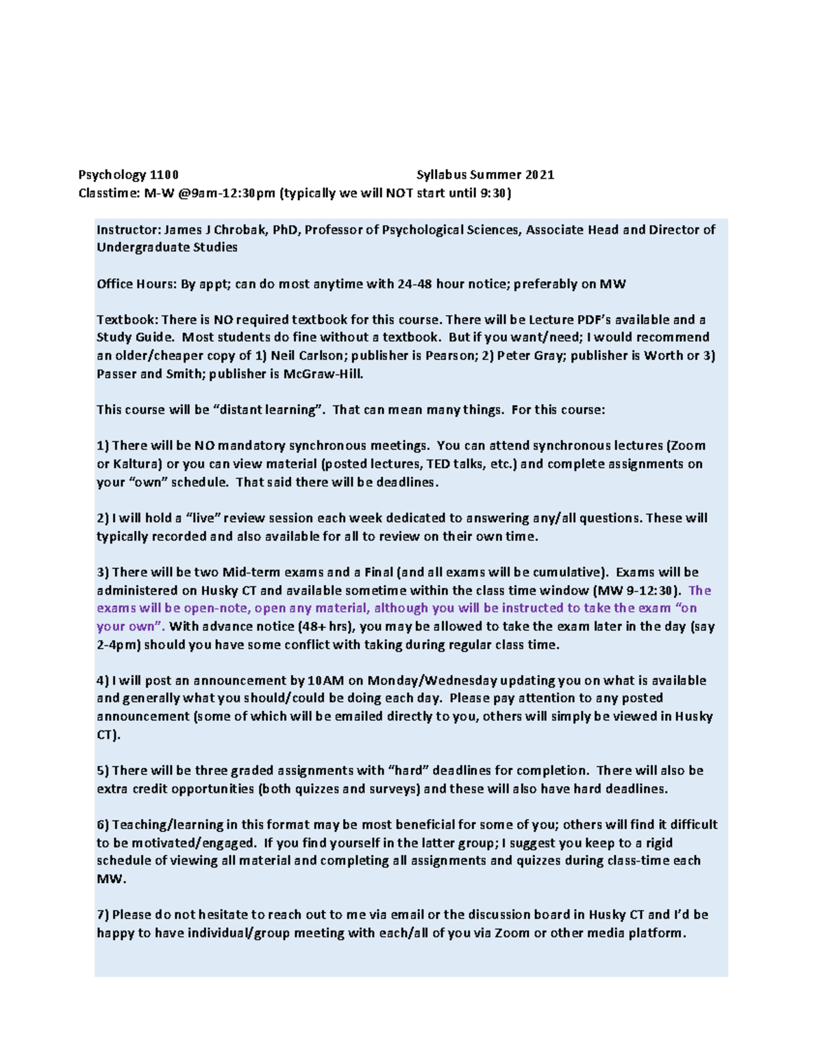 PSYC 1100 General Psychology I Syllabus - Summer 2021 (James Chrobak ...