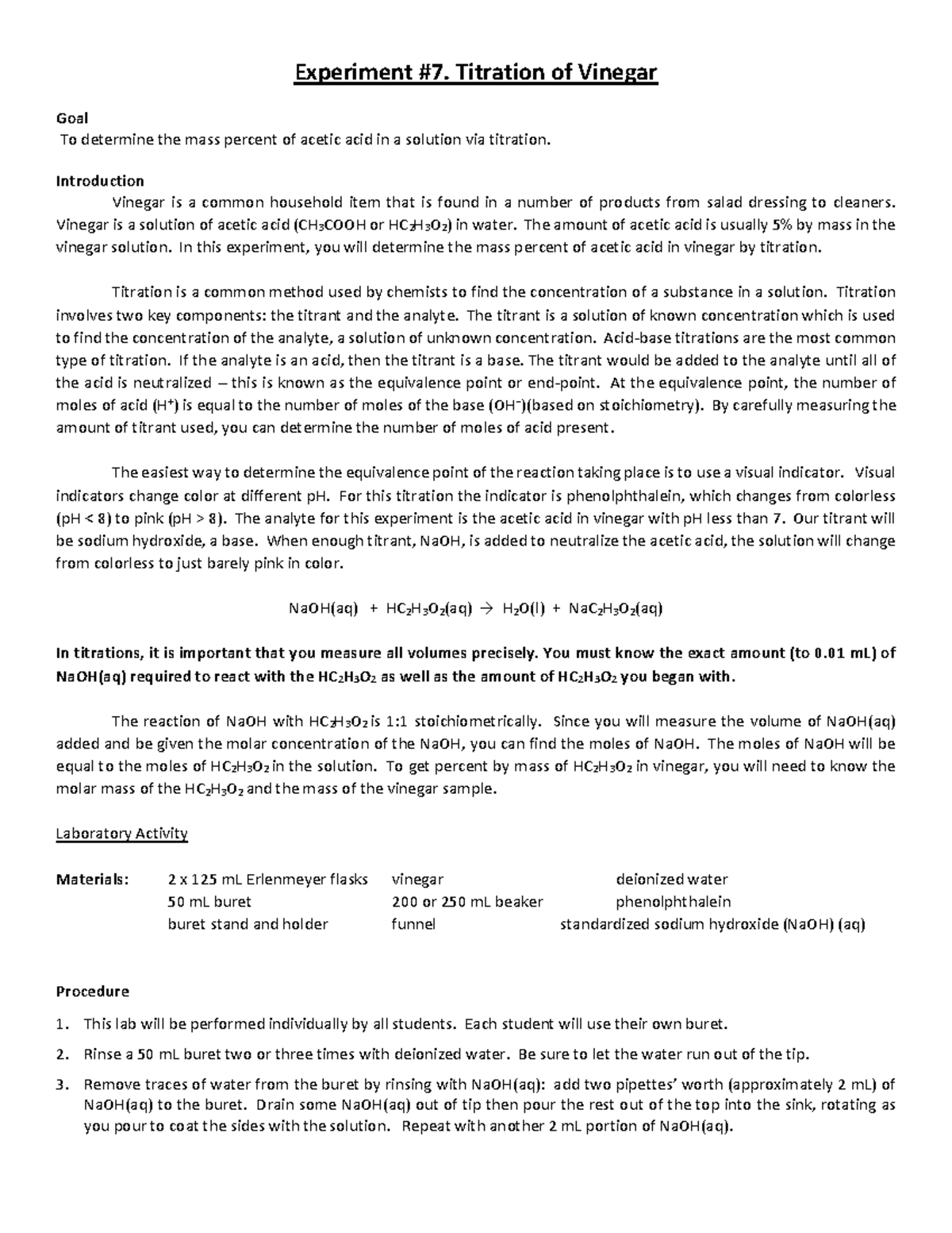 111 - lab report - Experiment #7. Titration of Vinegar Goal To ...