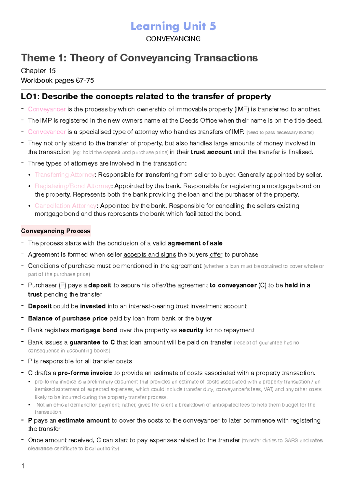 AATT6312 - LU5 - Conveyancing Theory & Process Overview Notes - Studocu