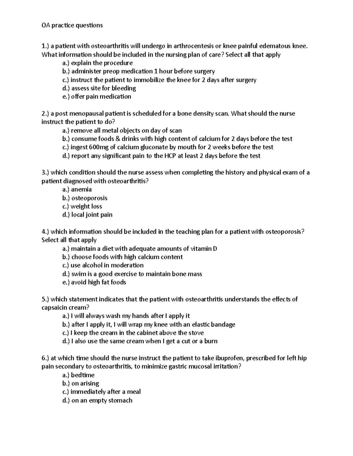OA Practice Questions: Nursing Care for Osteoarthritis & Osteoporosis ...