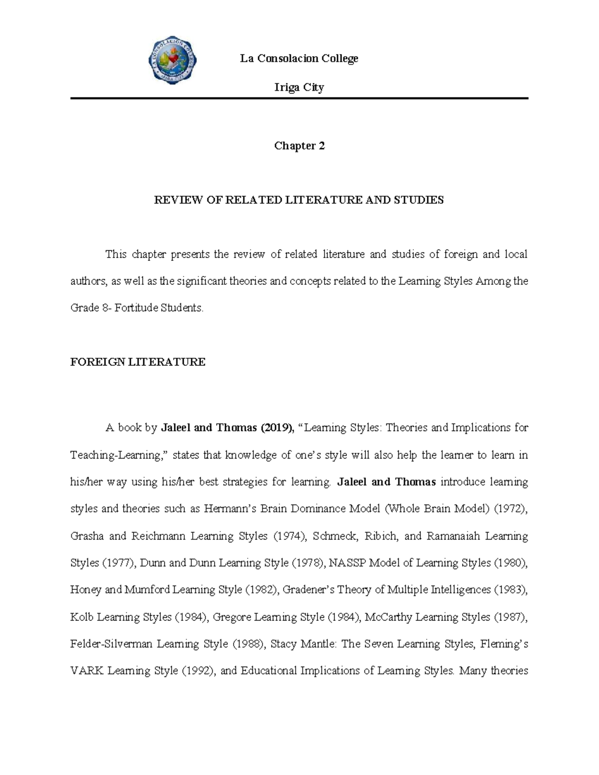 LCC Iriga City CH2: Review of Literature on Learning Styles in Grade 8 ...