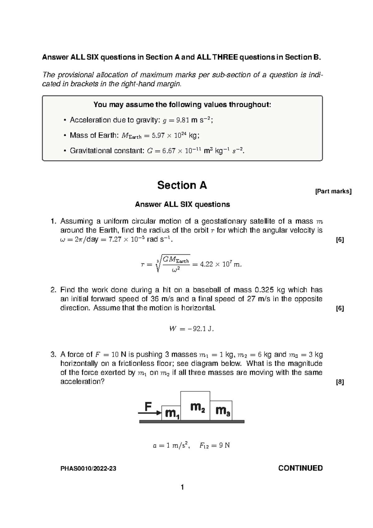 Exam PHAS0010 2022-23: Questions & Solutions for Sections A & B - Studocu