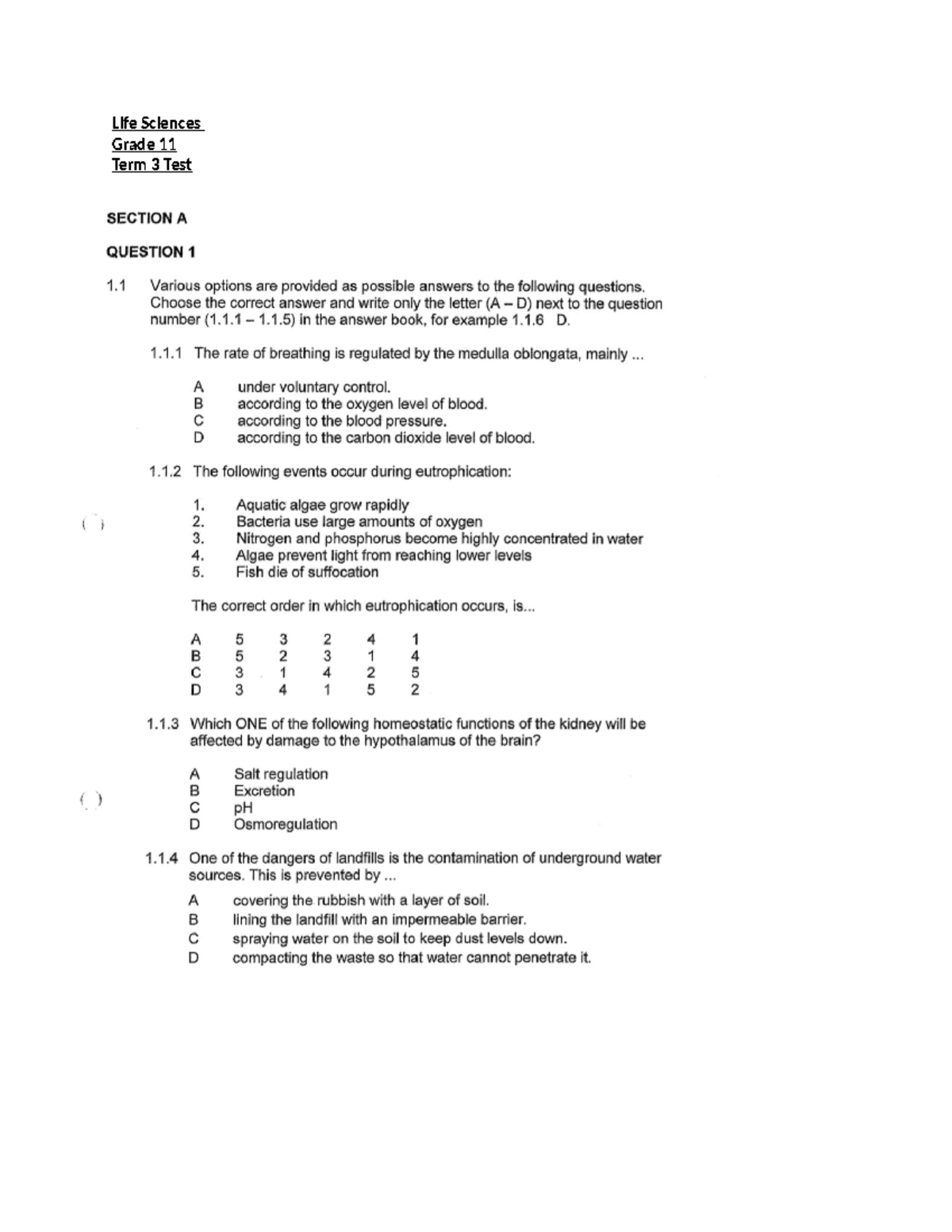 Life Sciences Grade 11 Term 3 Test: Eutrophication & Homeostasis - Studocu