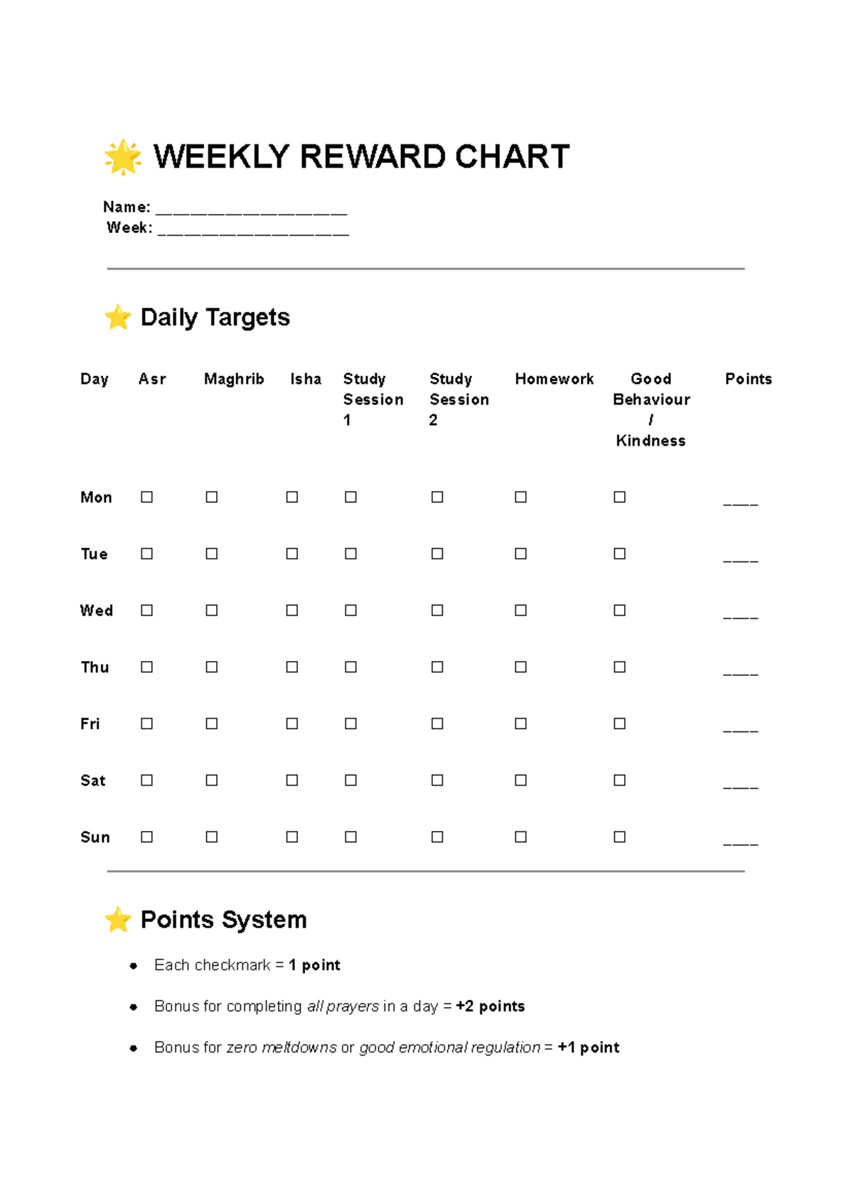 🌟 Weekly Reward Chart: Points System & Rewards Plan - Studocu